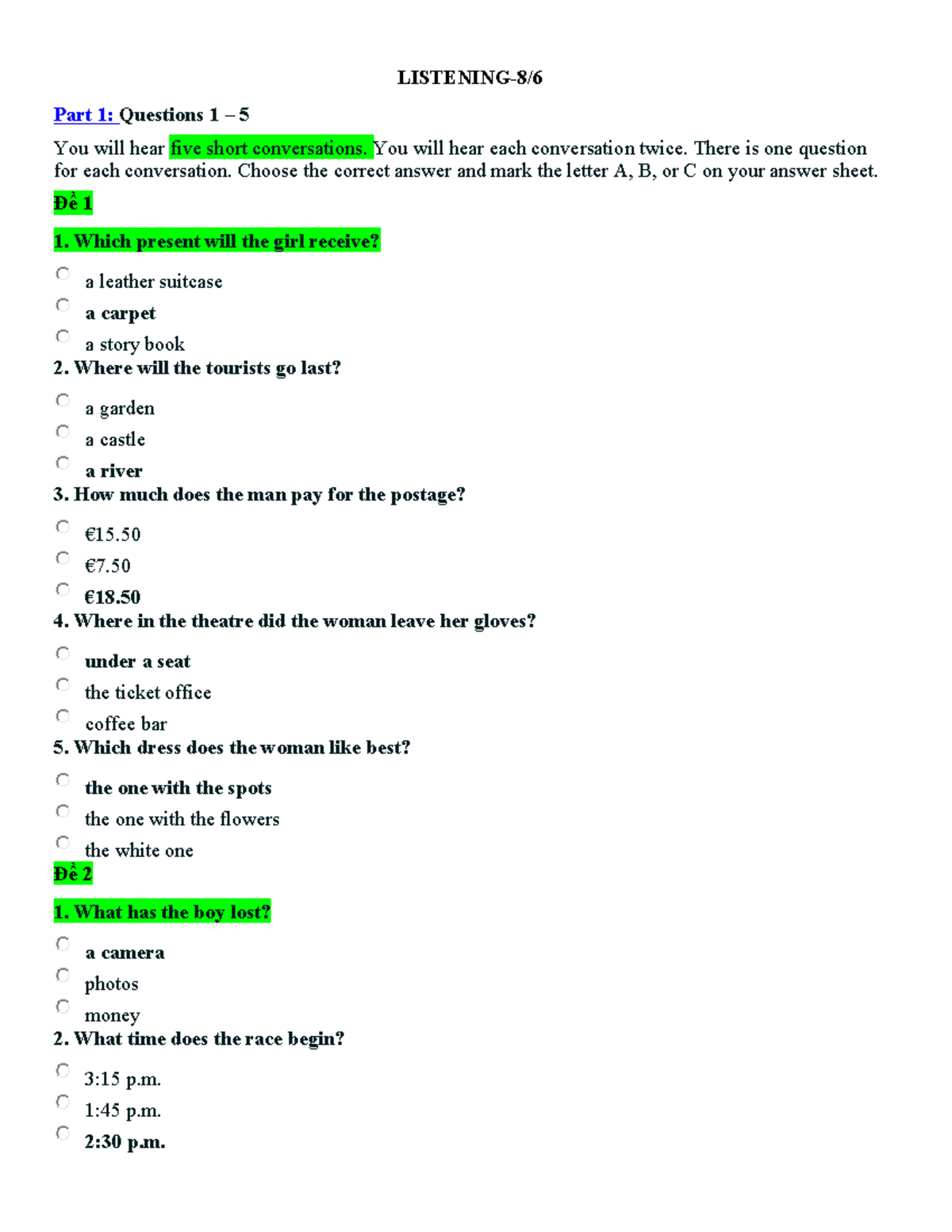 Listening Part 1: Questions and Answers for English Level 1 - Studocu