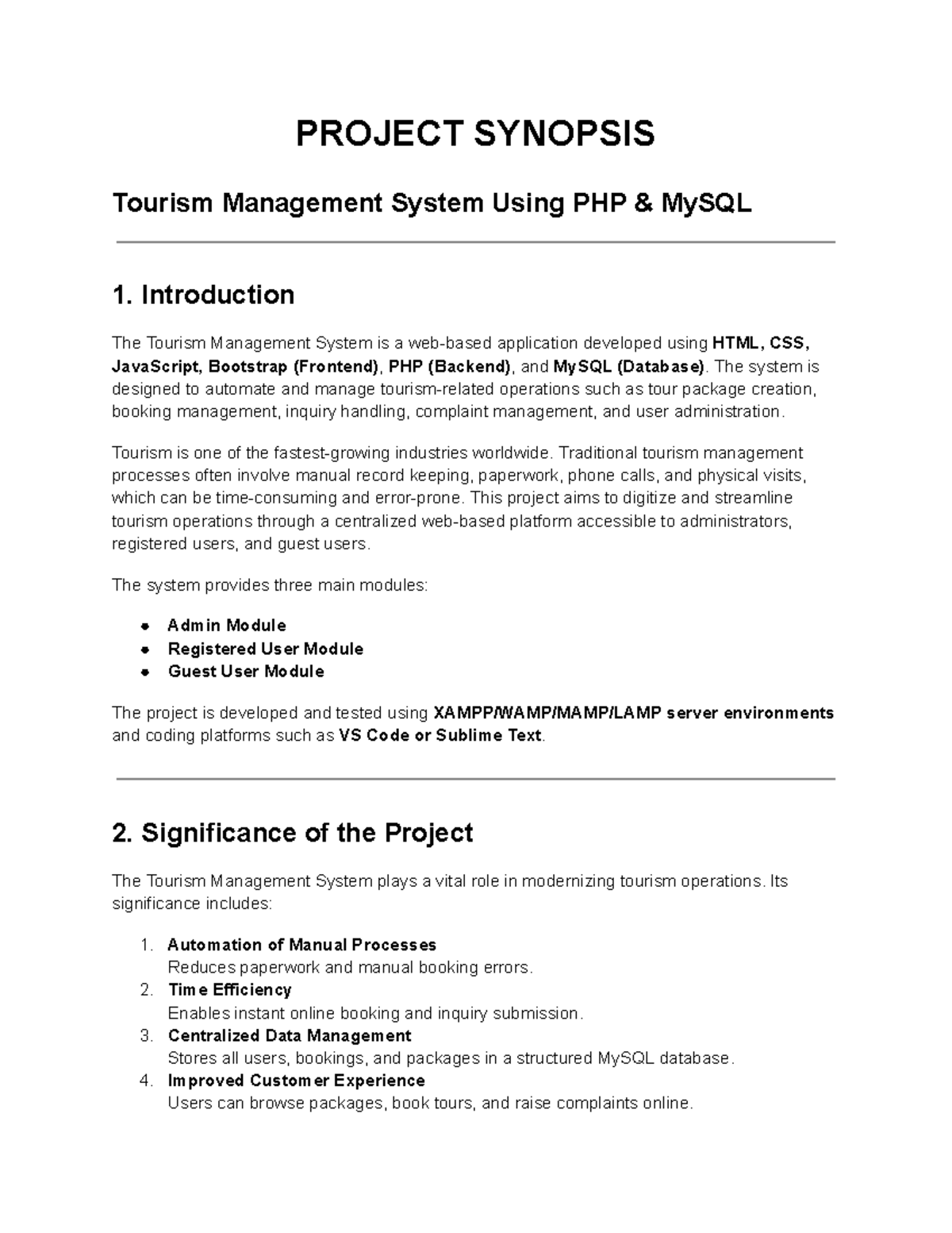 PROJECT SYNOPSIS: Tourism Management System Using PHP & MySQL - Studocu
