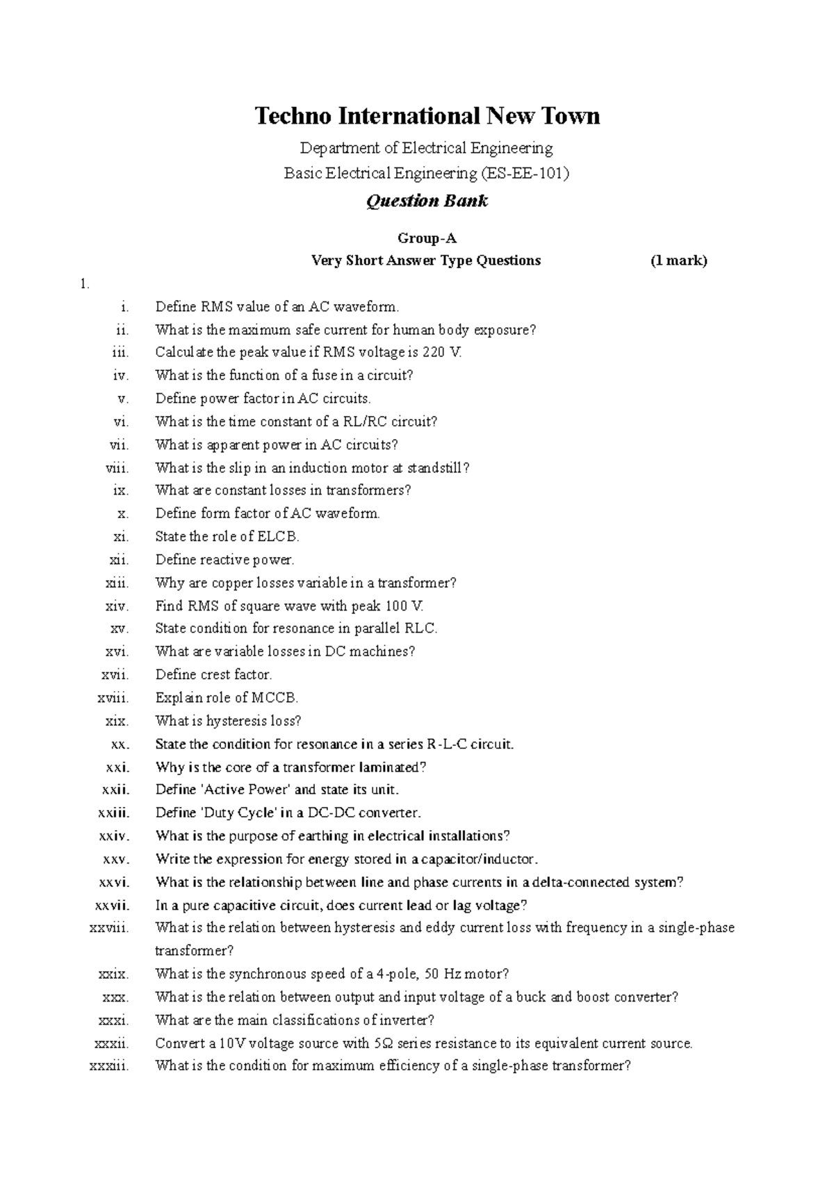 BEE 101 Question Bank: Very Short Answer Type Questions - Studocu