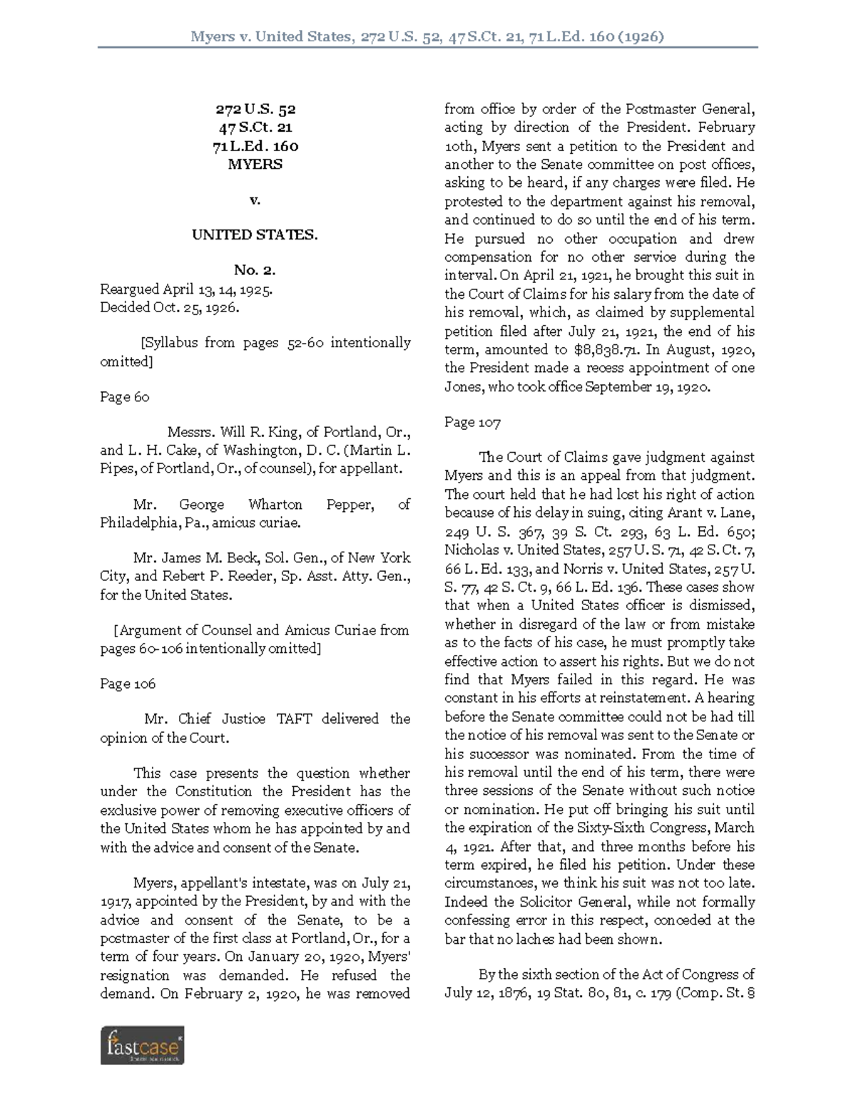 Myers v. United States: Supreme Court Case Analysis (272 U.S. 52, 1926 ...