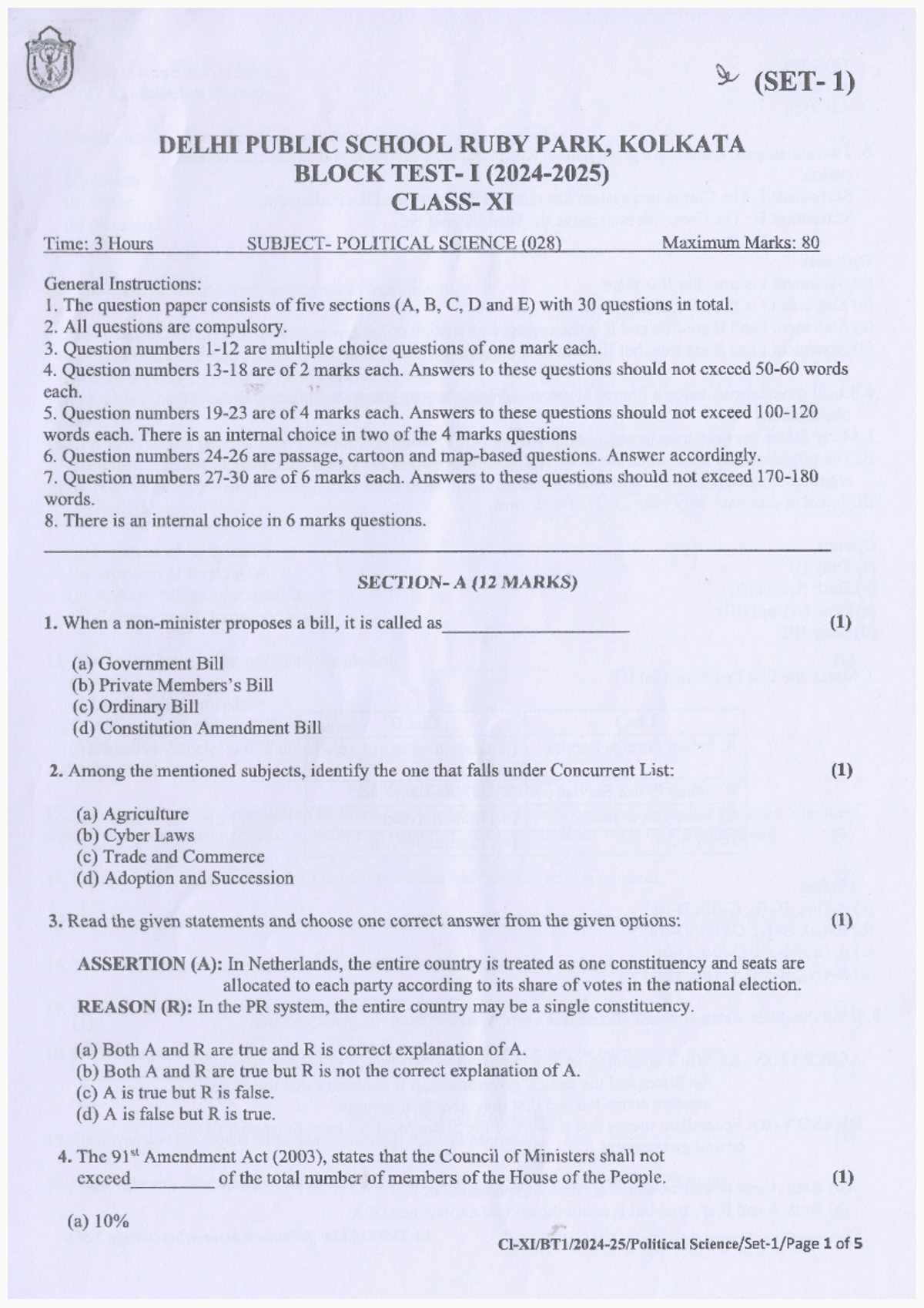 CL 11 BT1 POL SC 2024-25 - Political Science Exam Paper - Studocu