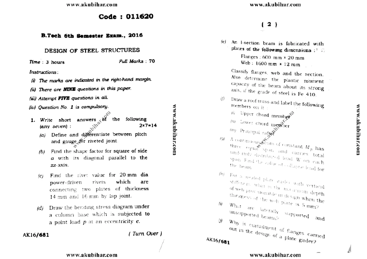 Design OF Steel Structures BEU Question Paper 2023 - Bihar Engineering ...