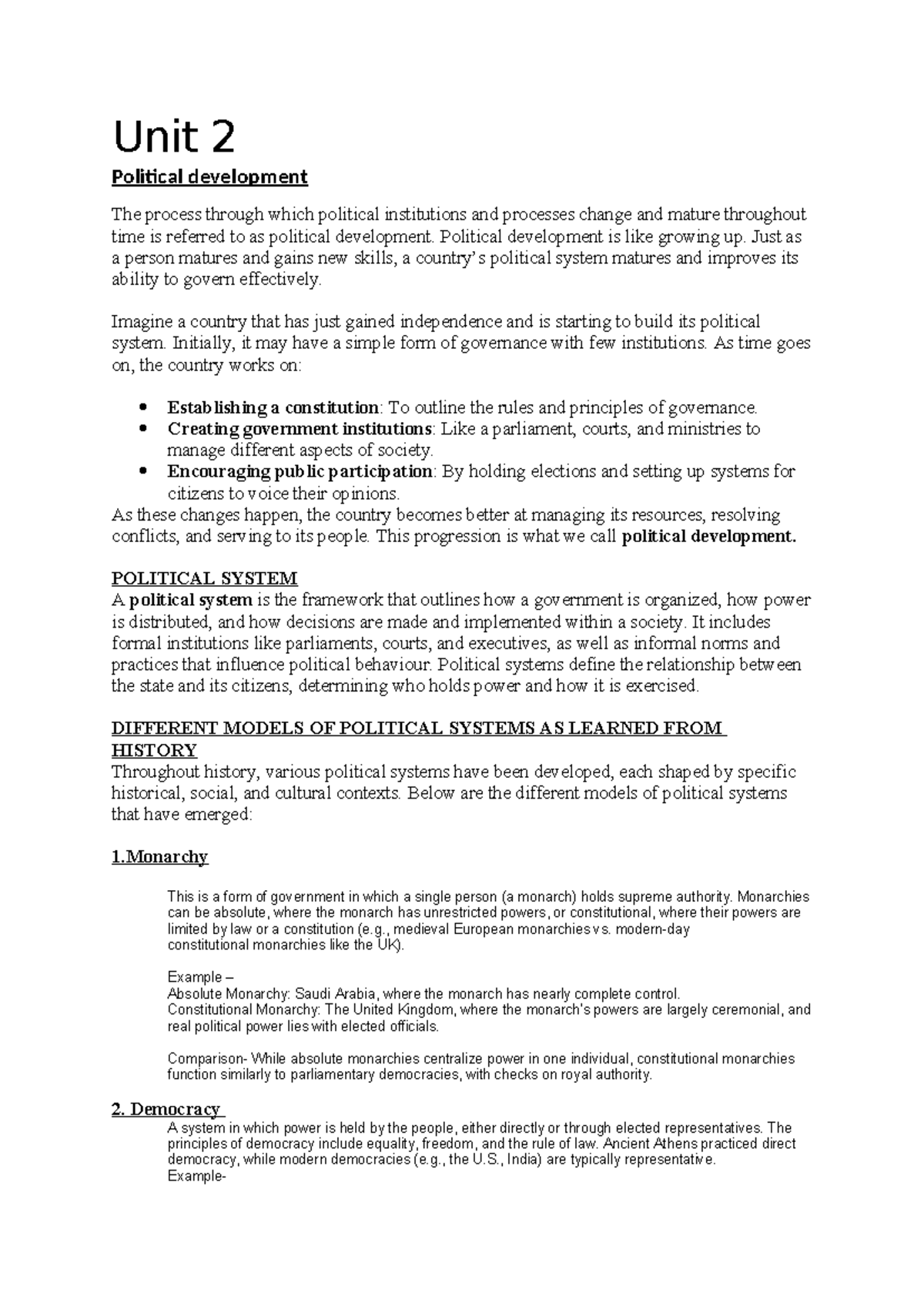 Unit 2 DOS Notes: Political Development & Systems Overview - Studocu