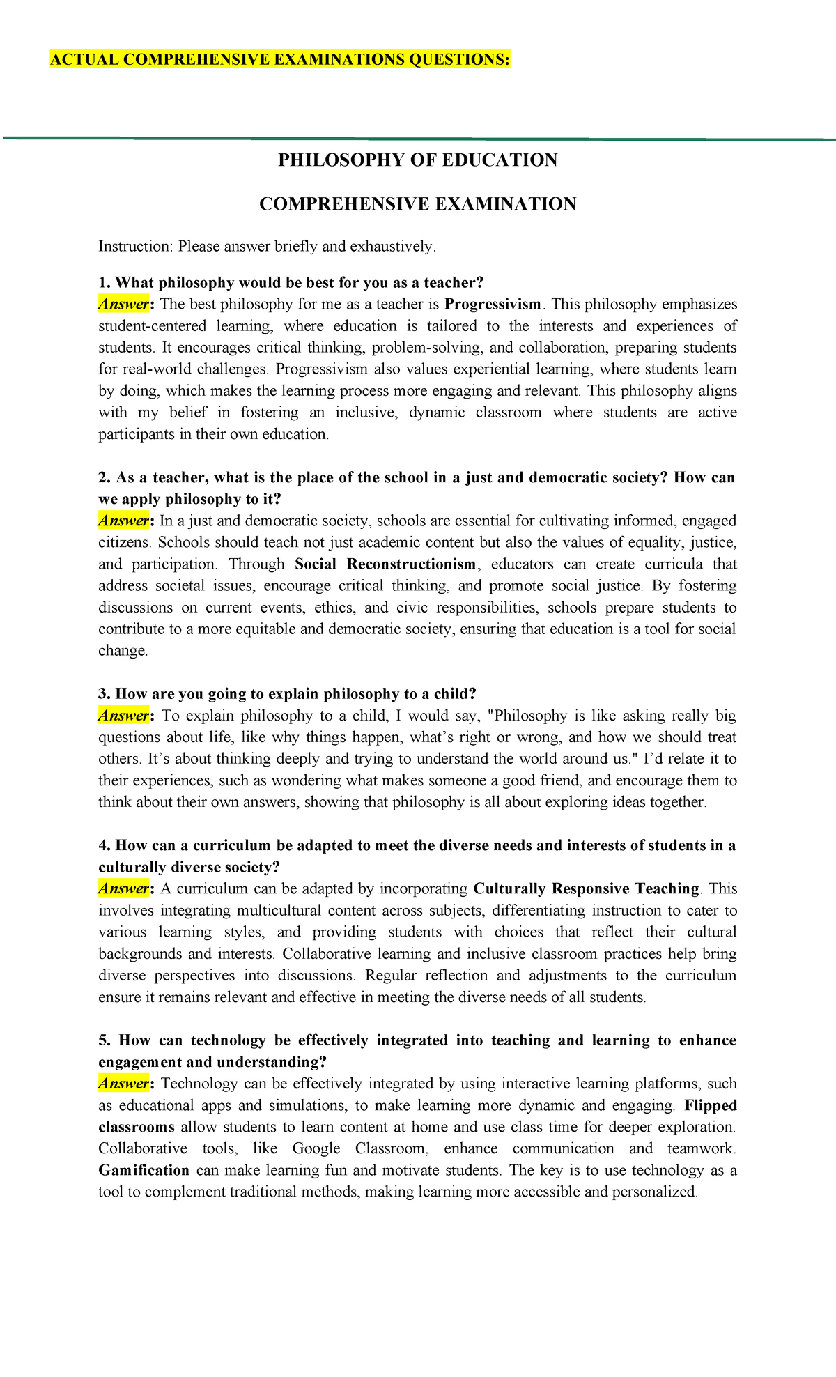 ACTUAL COMPREHENSIVE EXAMINATION QUESTIONS: PHILOSOPHY OF EDUCATION ...