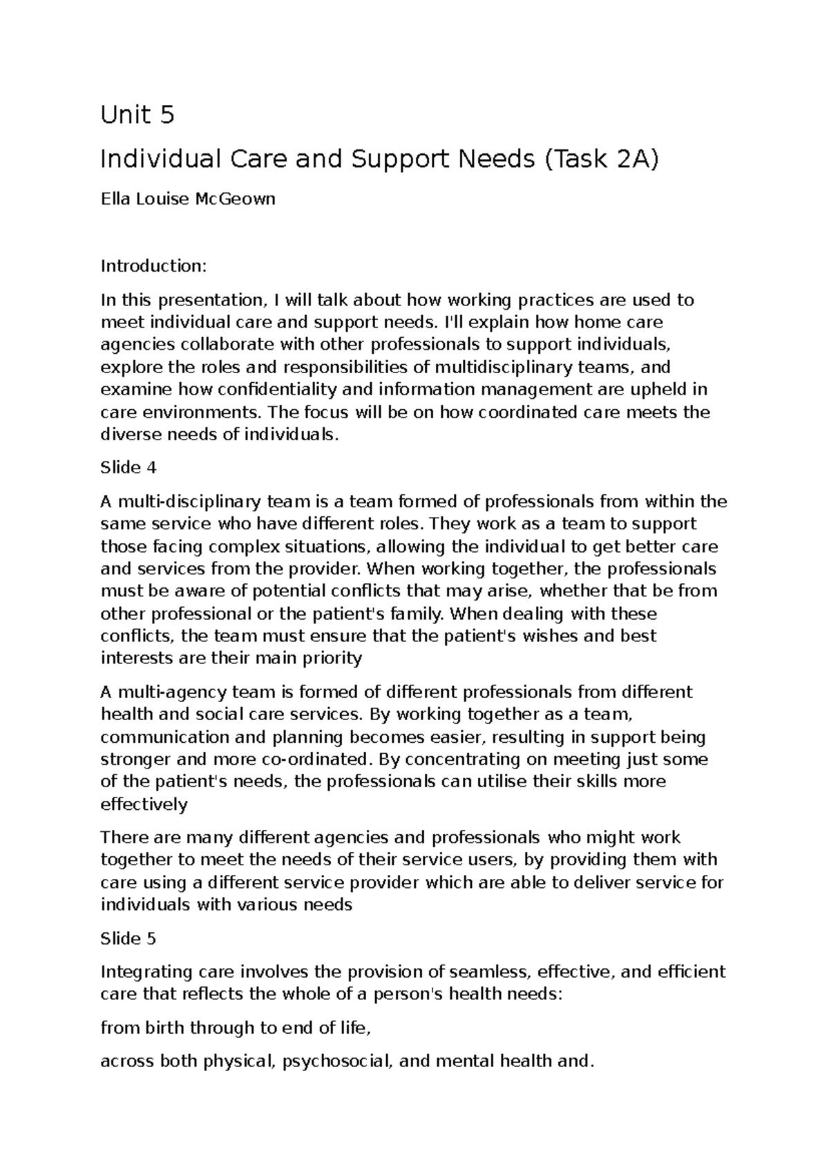 Unit 5: Individual Care & Support Needs - Task 2A Presentation Notes ...