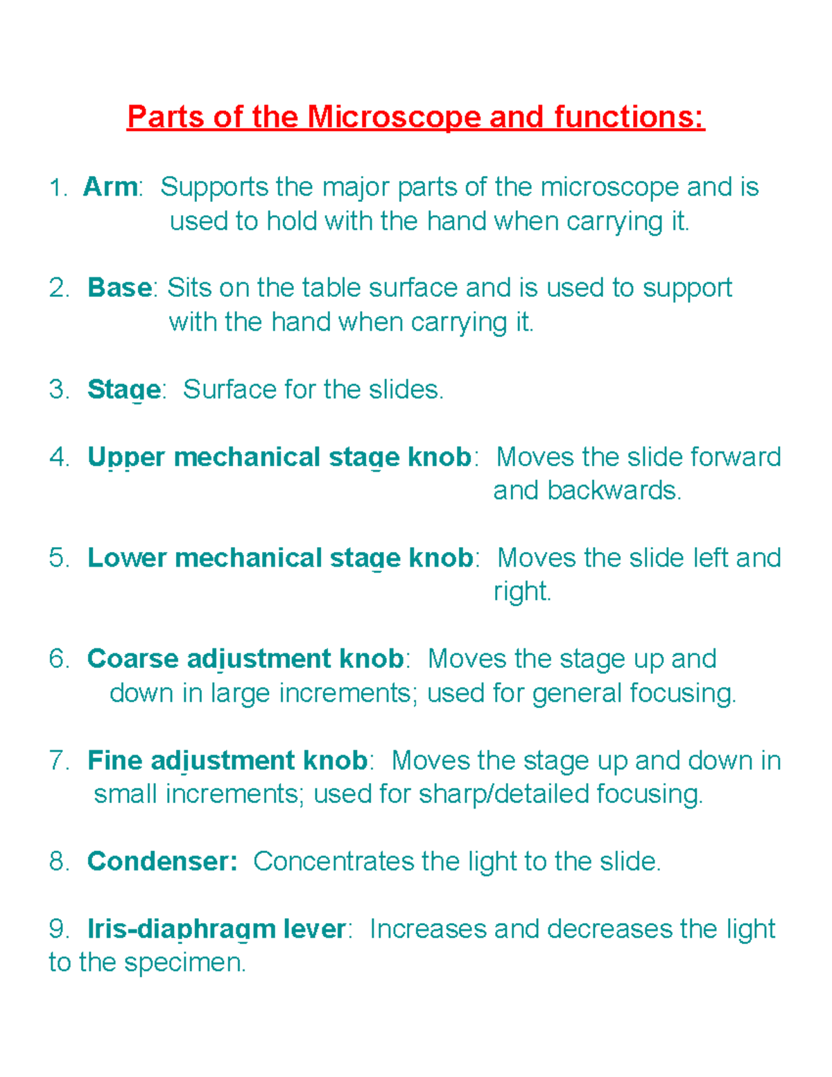 SCB-203 Lab 1 Microscope Parts, functions - Parts of the Microscope and ...