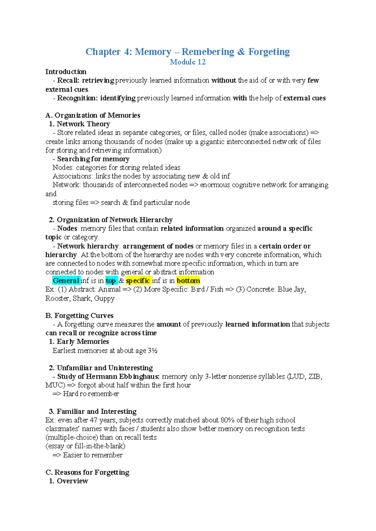 Chapter 4: Memory, Remembering & Forgetting - Psych 12 Notes - Studocu