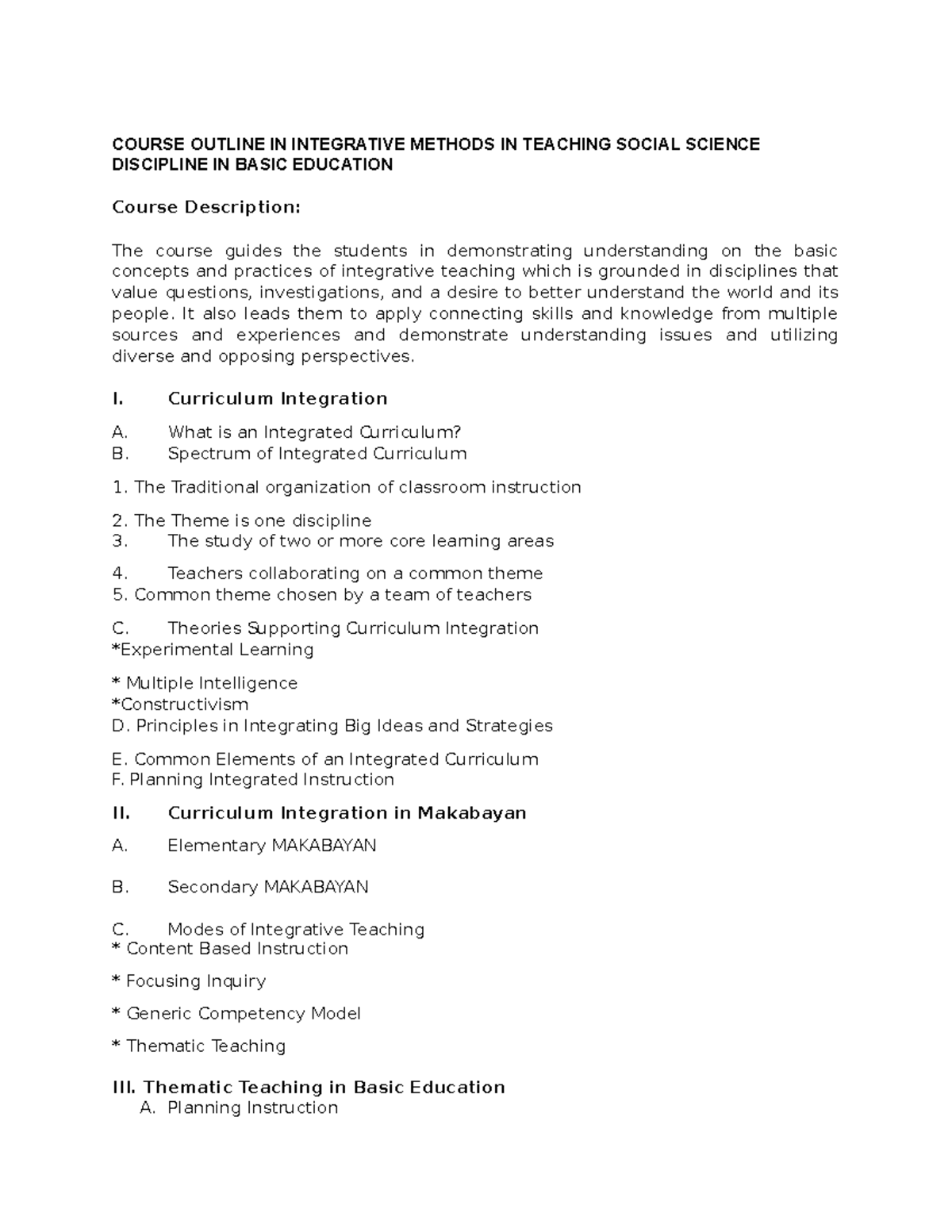 Course Outline IN Integrative Methods IN Teaching Social Science ...