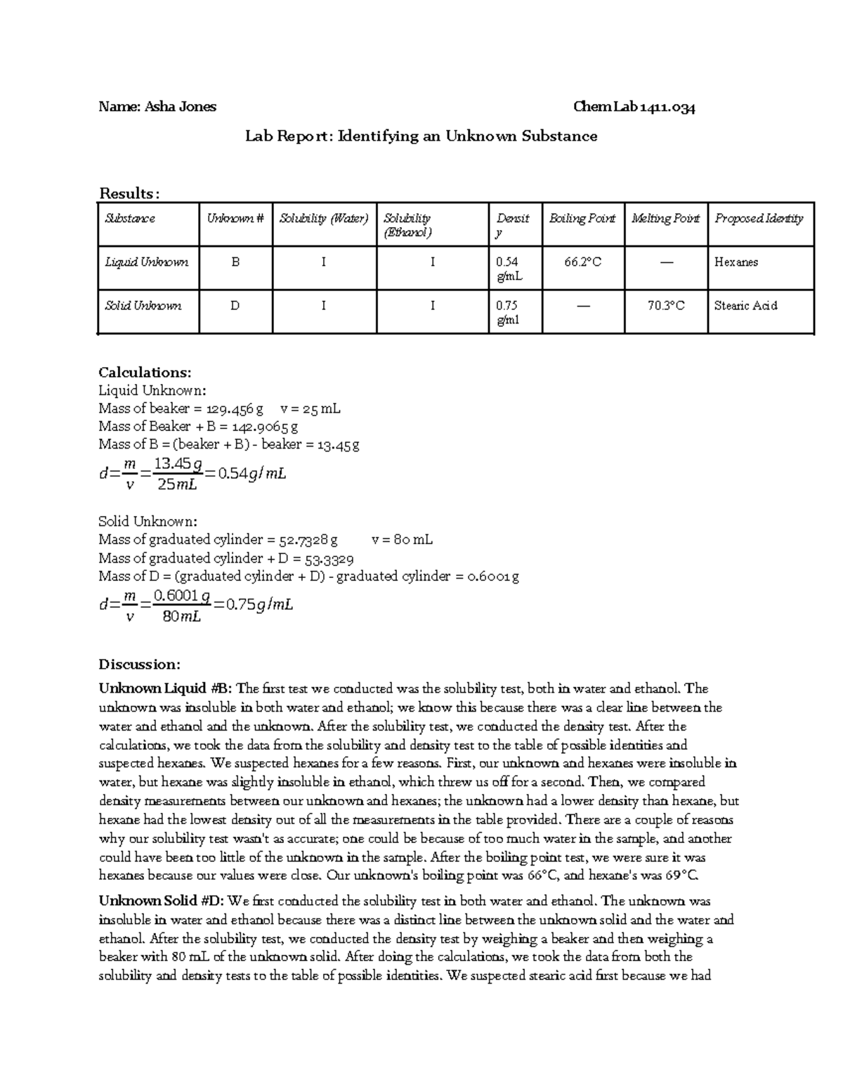 Chem Lab 1411: Lab Report 3 on Identifying Unknown Substances - Studocu