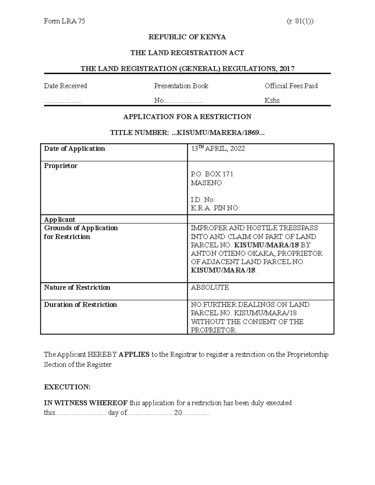 Application for Restriction: Form LRA 75 - Land Registration Act - Studocu