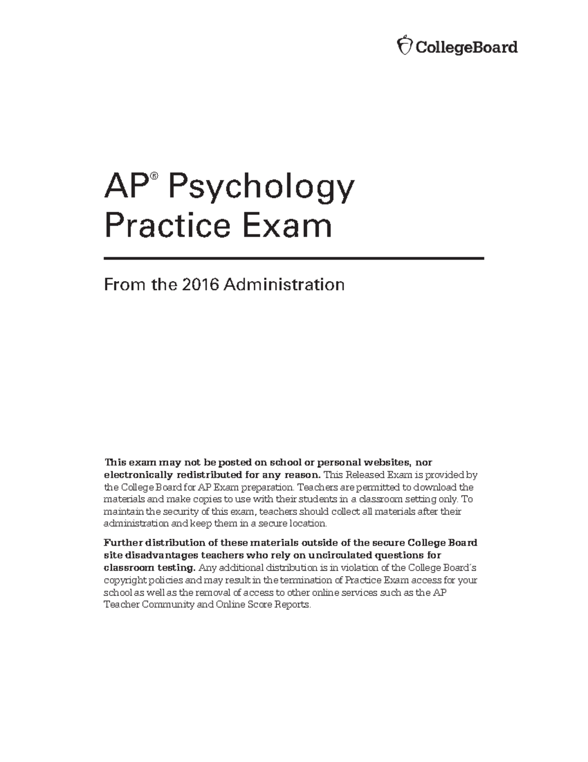 ap psychology in the - AP ® Psychology Practice Exam From the 2016 ...