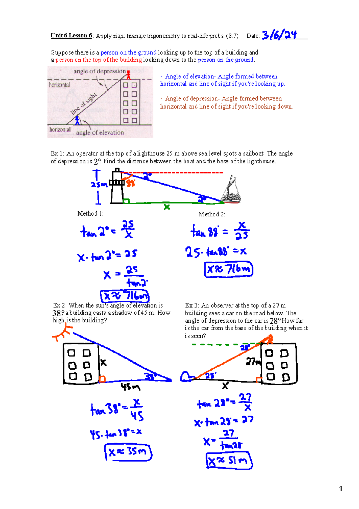 Unit 6 Lesson 6: Angles of Elevation & Depression Class Work - Studocu