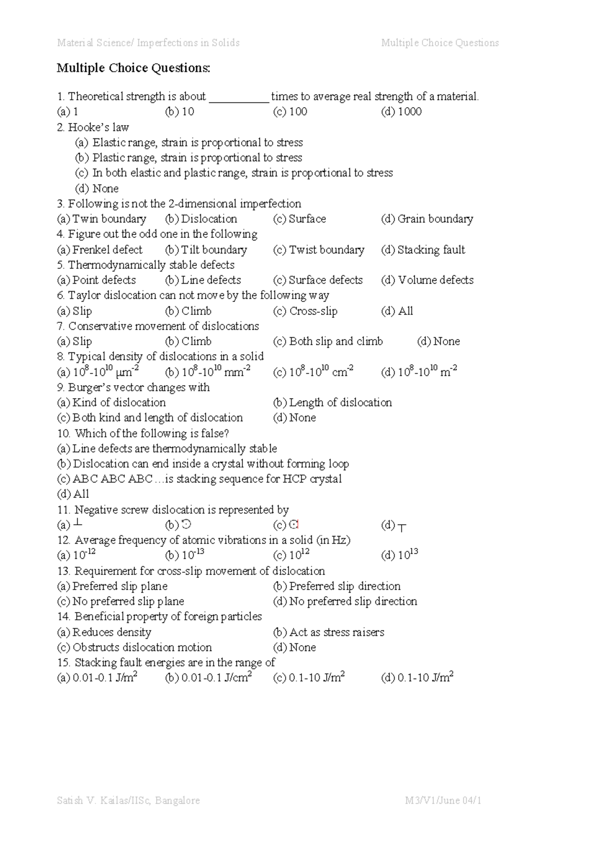 MCQ M3 - Imperfections in Solids Multiple Choice Questions - Studocu