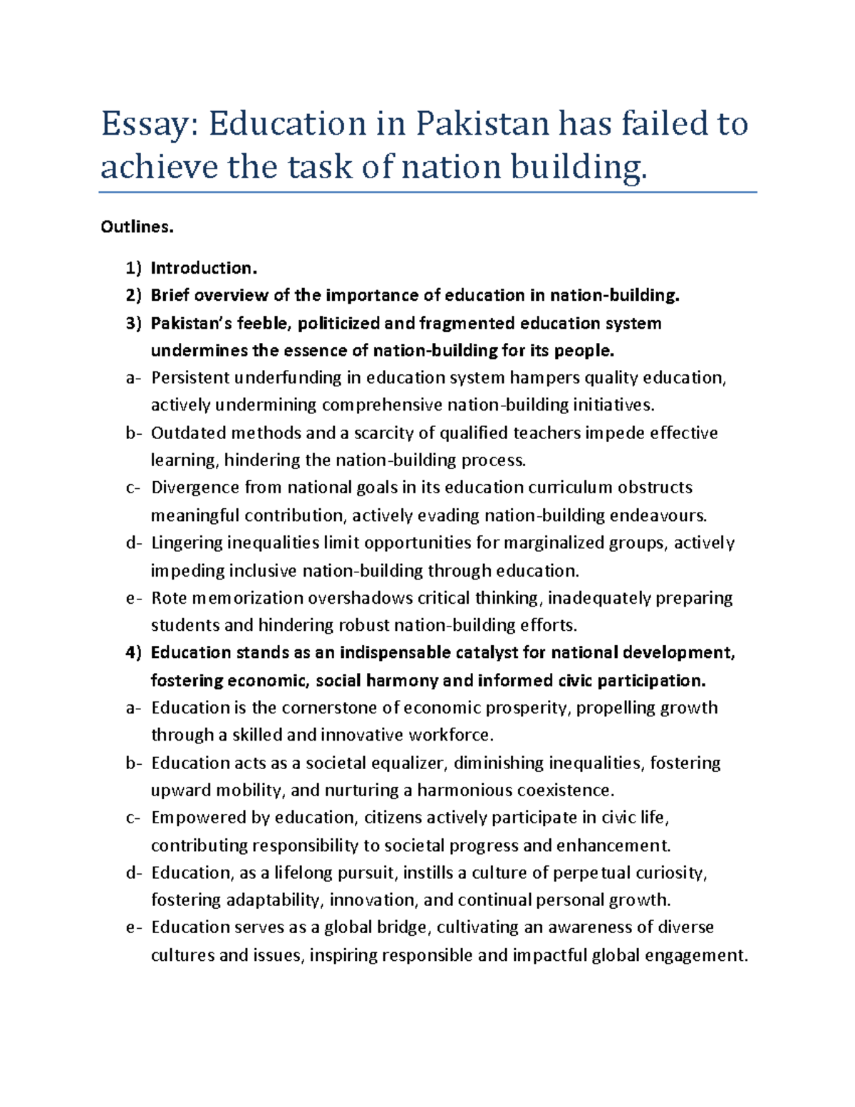Essay: Revitalizing Education in Pakistan for Nation Building (EDU 101 ...