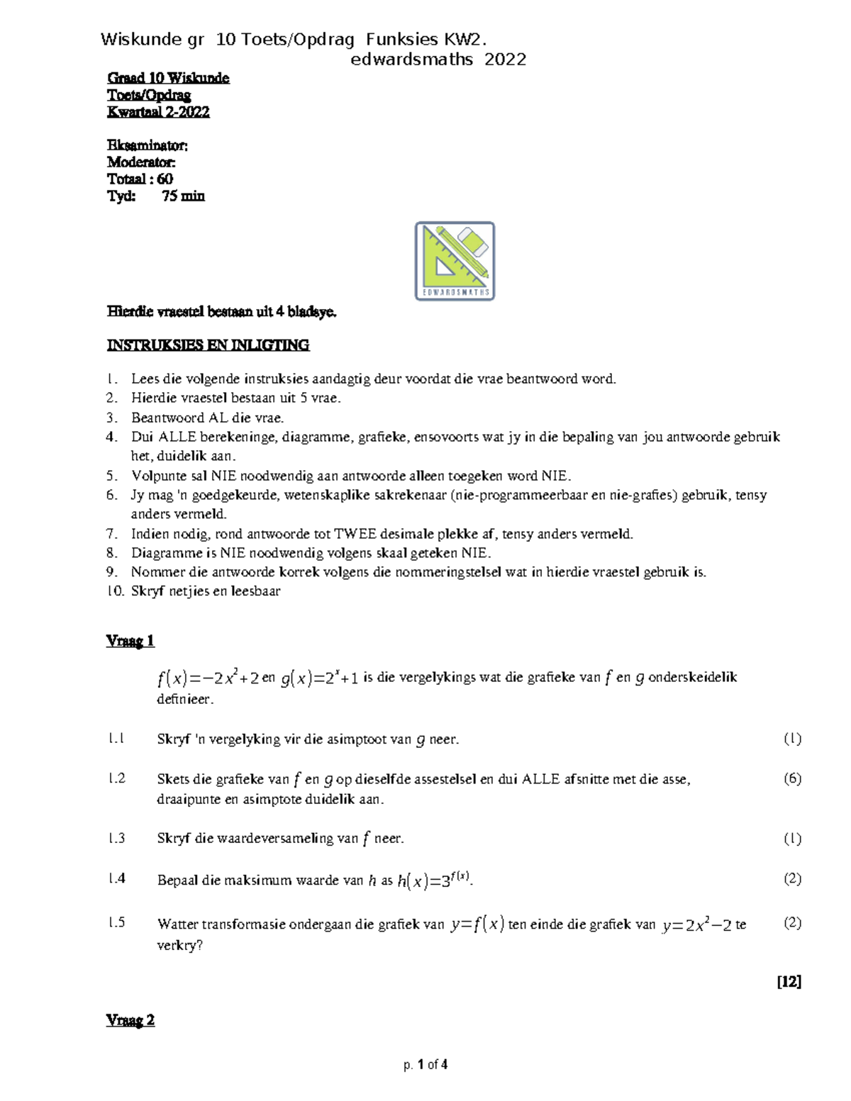 Graad 10 Wiskunde Toets Funksies Kwartaal 2 - 2022 - Studocu