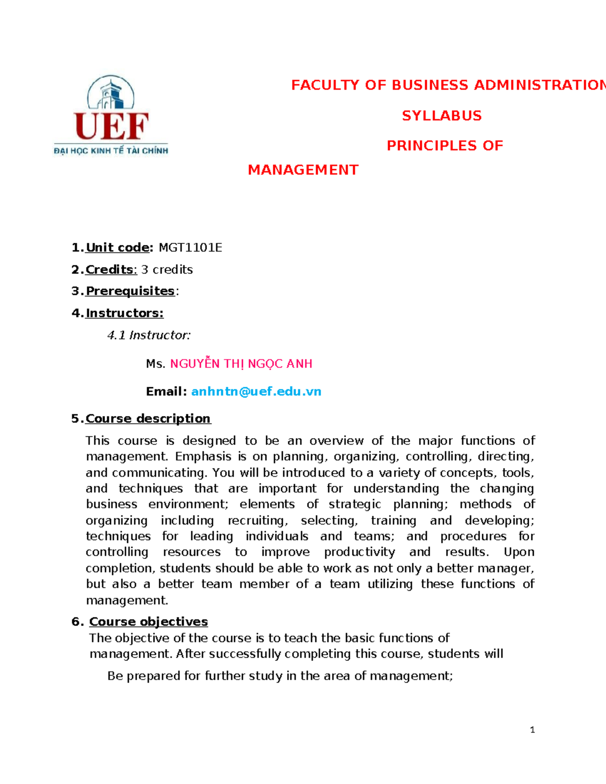 MGT1101E Principles of Management Syllabus - Ms. Anh's Course Overview ...