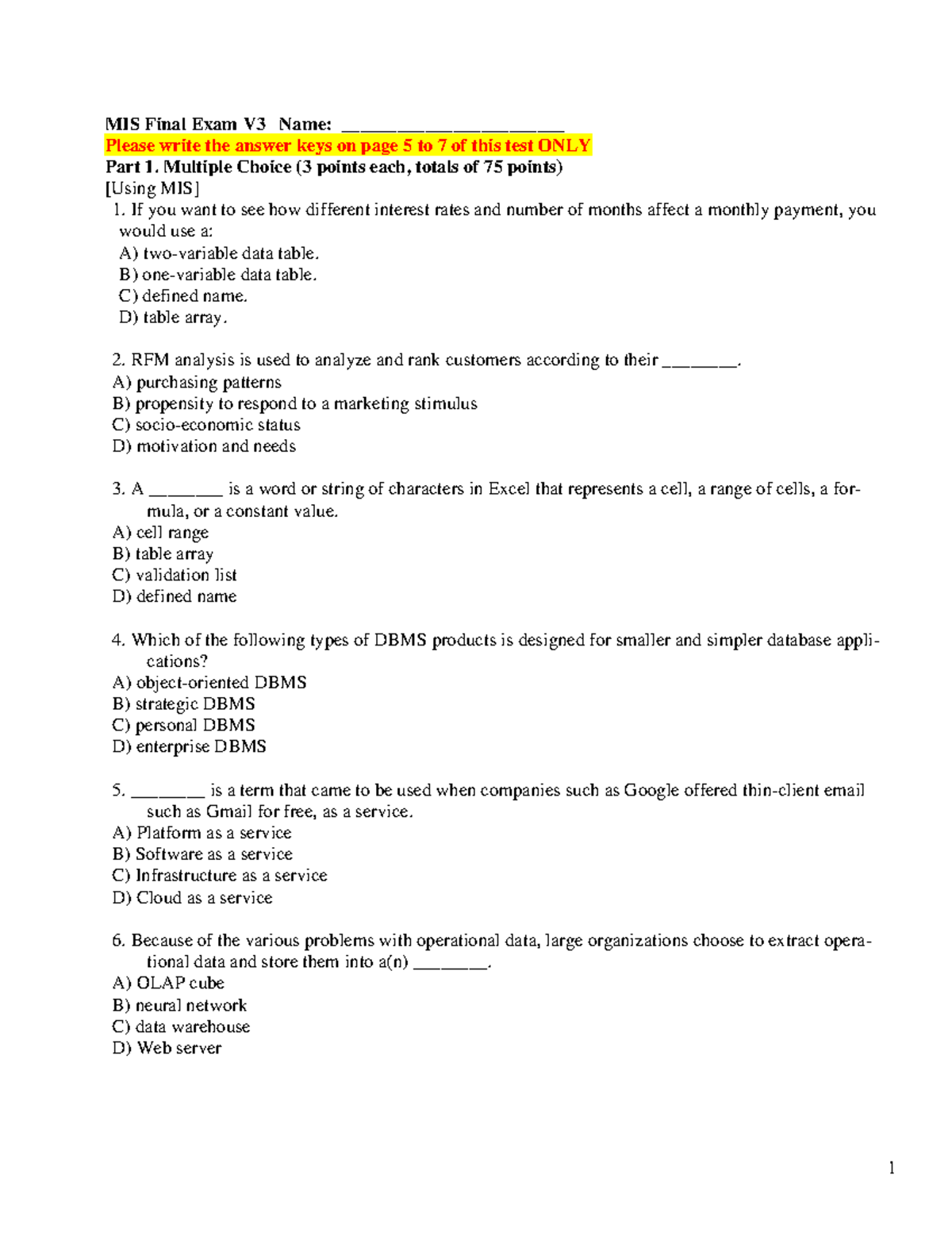 MIS 101 Final Exam Review - Multiple Choice & Short Answer Guide - Studocu