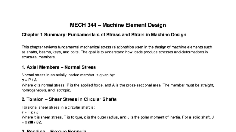 MECH 344 Machine Element Design Chapter 1: Stress & Strain Fundamentals ...