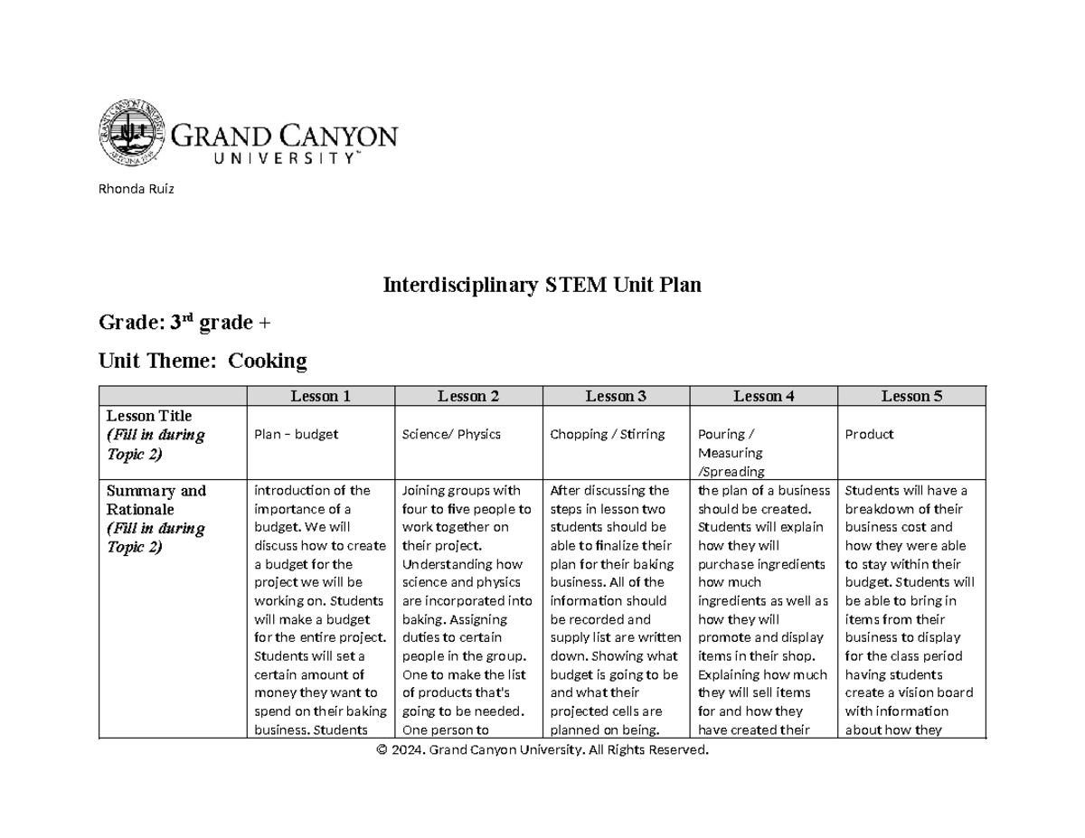 Interdisciplinary STEM Unit Plan for Grade 3: Cooking ELM-462 - Studocu