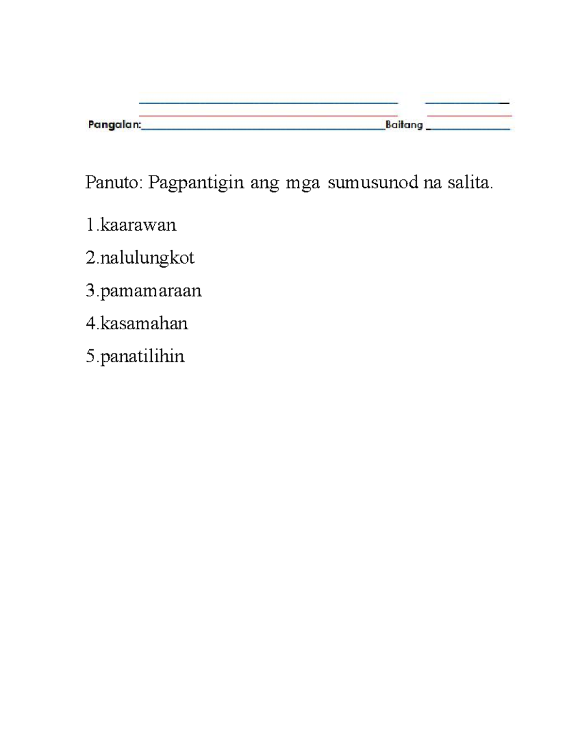 Assessment Materials Filipino 2 Pagpapantig - Education - Panuto ...