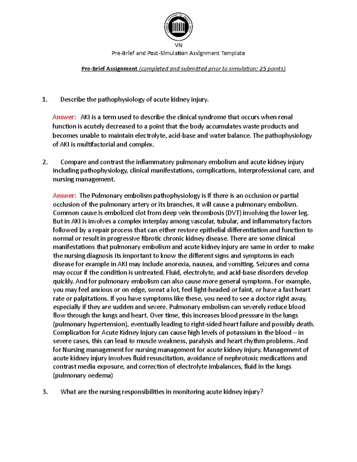AKI Focus: Pre-Brief & Post-Simulation Assignment Analysis - NURS 302 ...