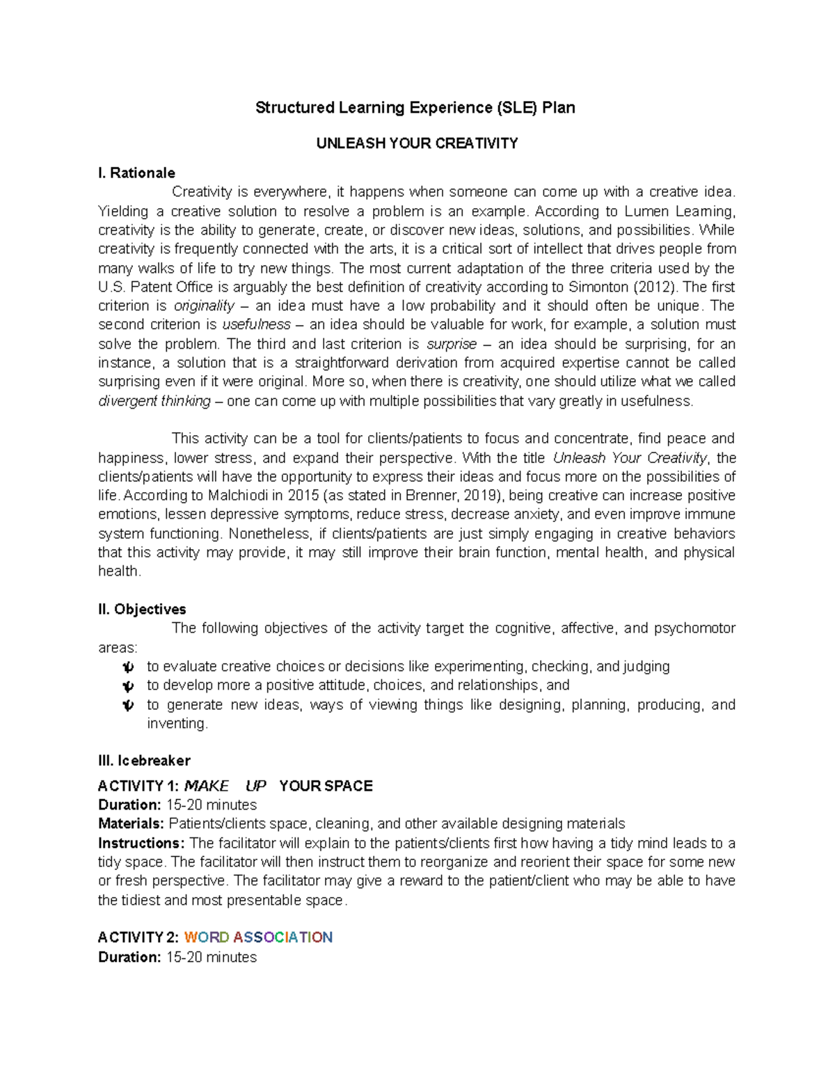 SLE Plan: Unleashing Creativity through Engaging Activities - Studocu