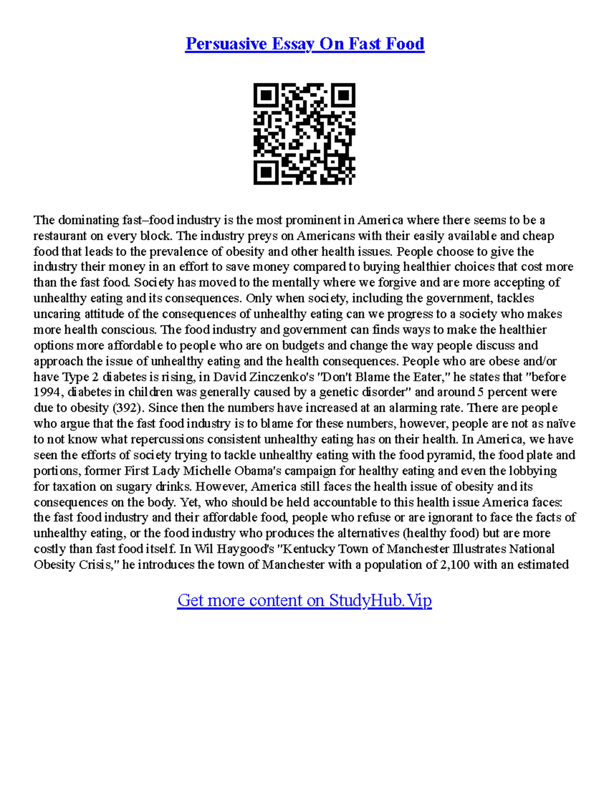 Persuasive Essay on Fast Food: Impacts on Health and Society - Studocu