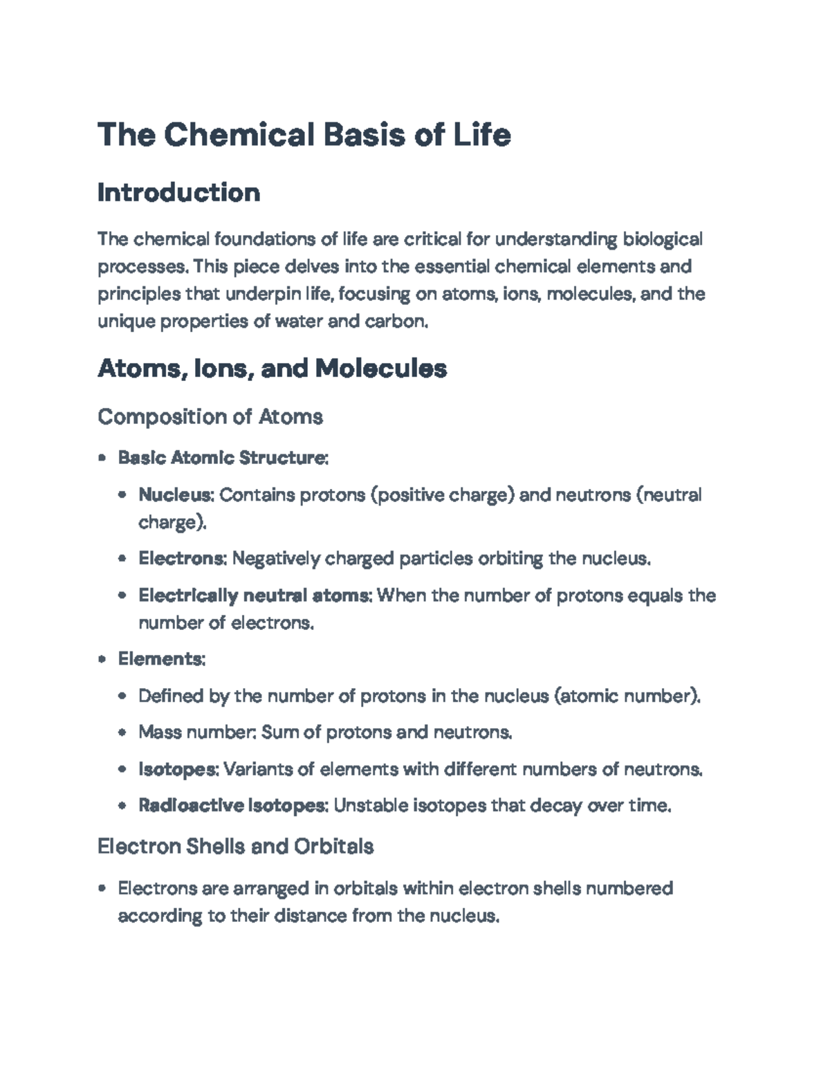 Chemical Foundations of Life: Atoms, Molecules, and Water (BIO101 ...