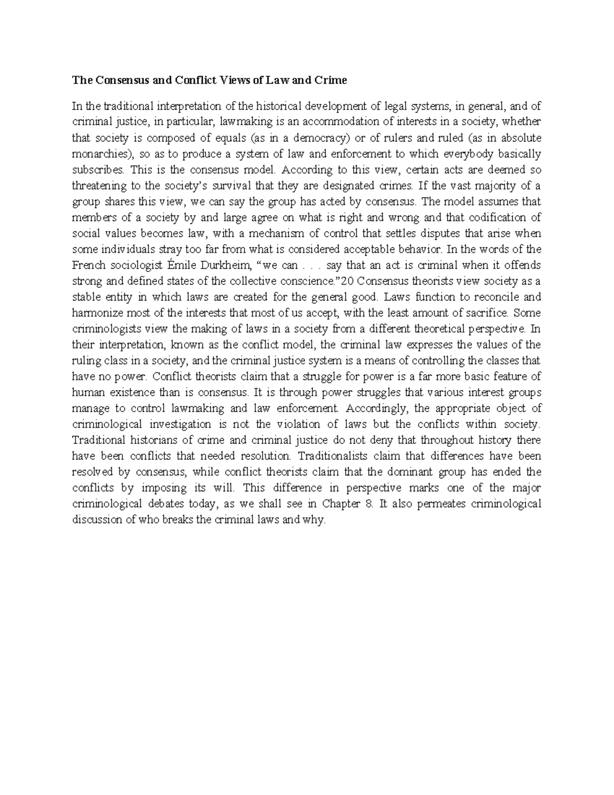 Consensus and Conflict Views of Law and Crime: An Overview - Studocu