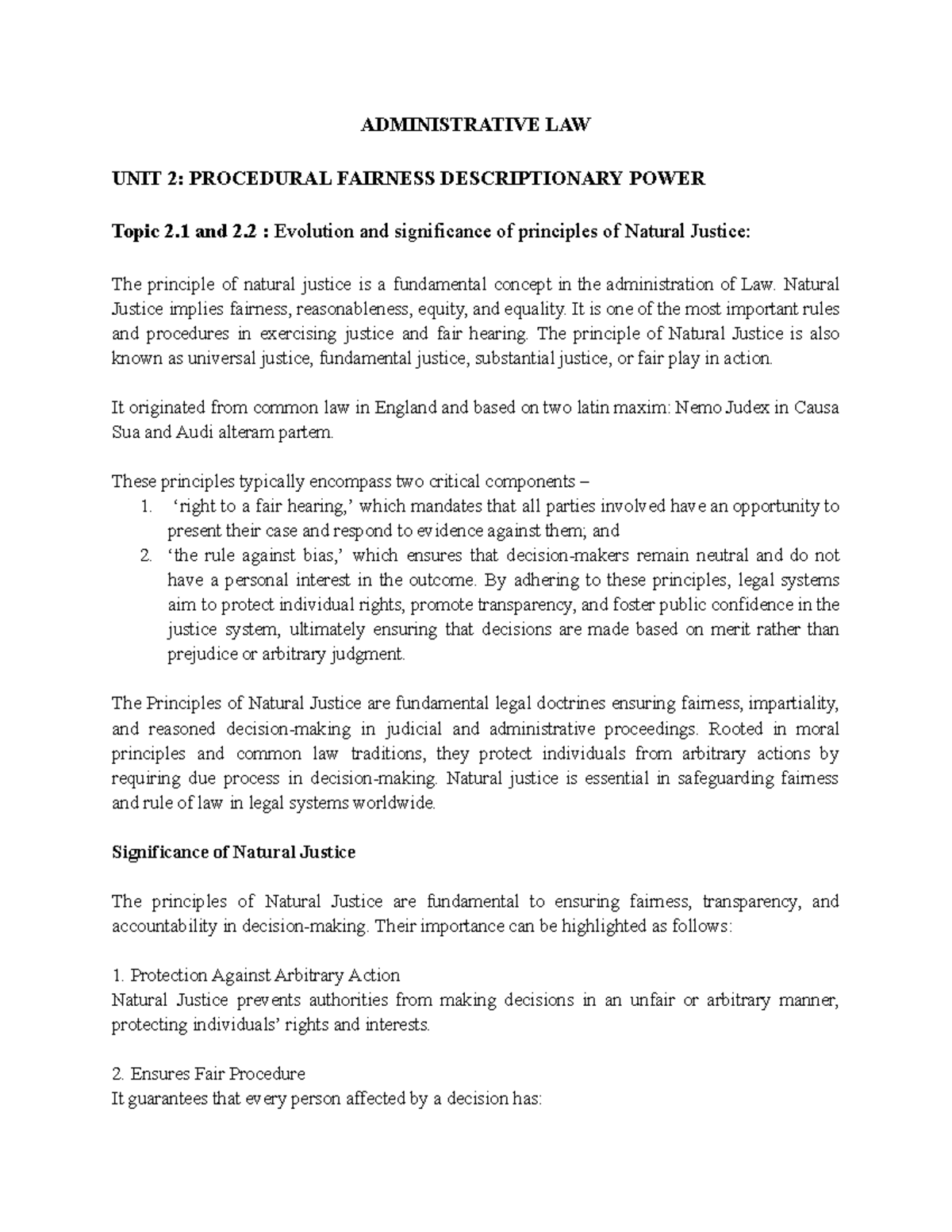 ADMINISTRATIVE LAW UNIT 2: NATURAL JUSTICE PRINCIPLES & SIGNIFICANCE ...