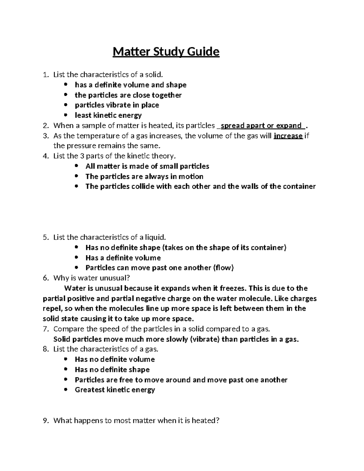 Matter Study Guide Key - workshet - Matter Study Guide List the ...
