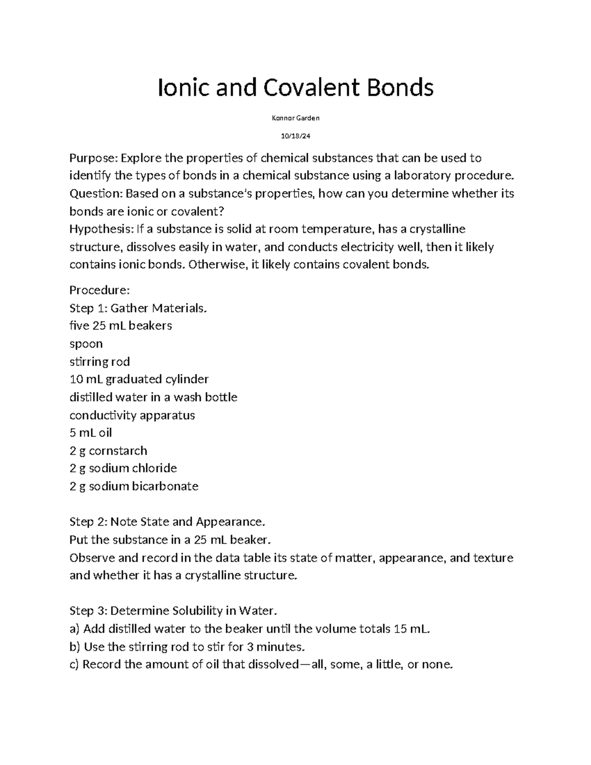 Ionic and Covalent Bonds: Lab Procedure for Bond Identification - Studocu