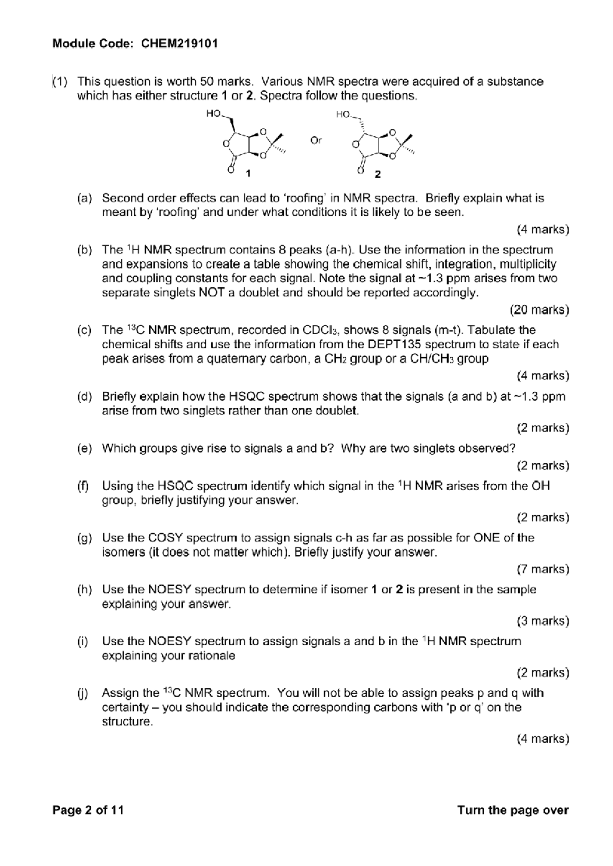 CHEM219101 NMR Spectroscopy Analysis: Past Paper Questions and ...