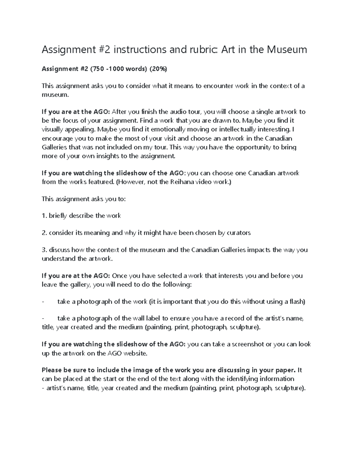 AGO Art Museum Assignment #2: Instructions & Rubric for Essay - Studocu