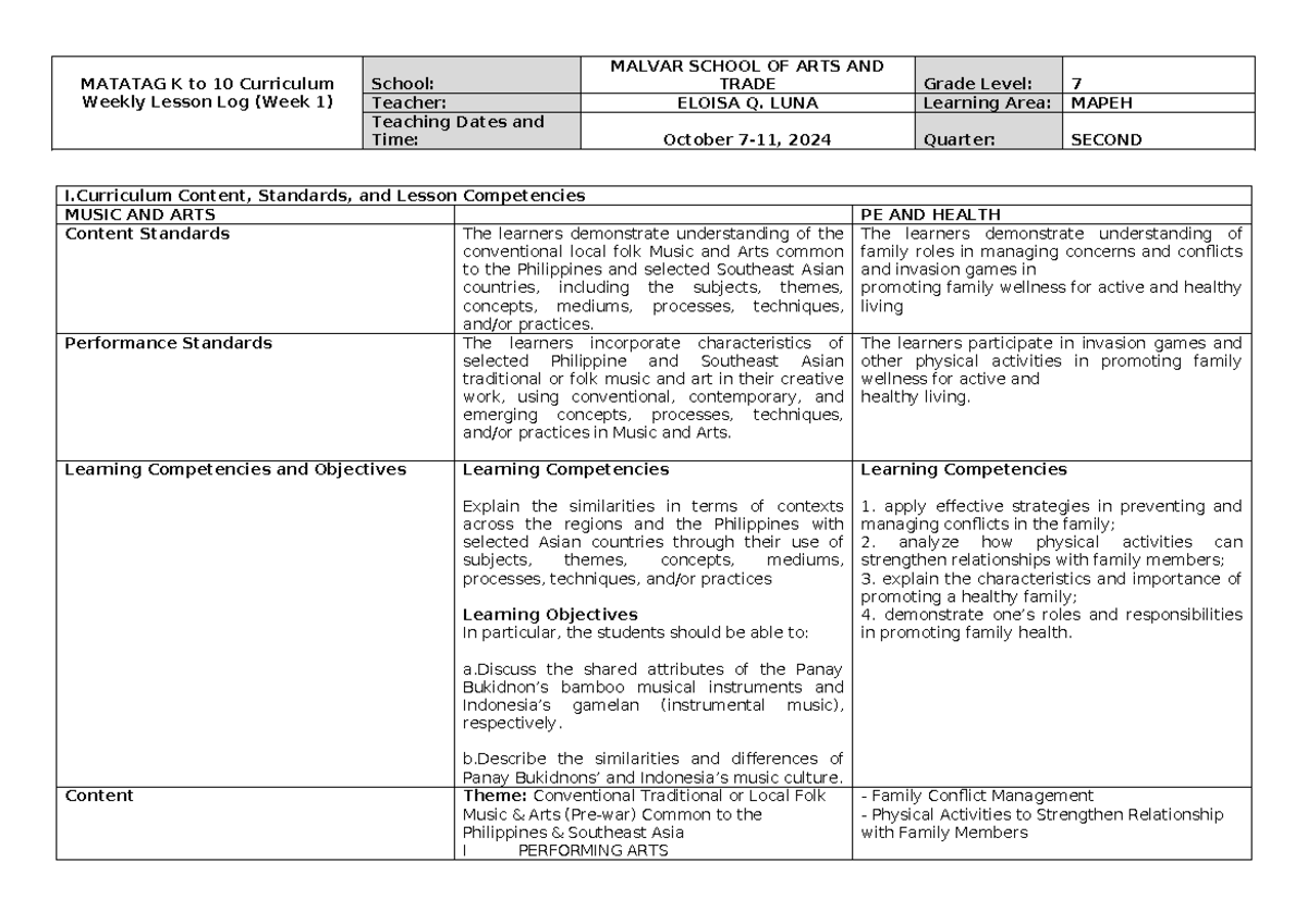 Q2-W2 - DLL - MATATAG K to 10 Curriculum Weekly Lesson Log (Week 1 ...