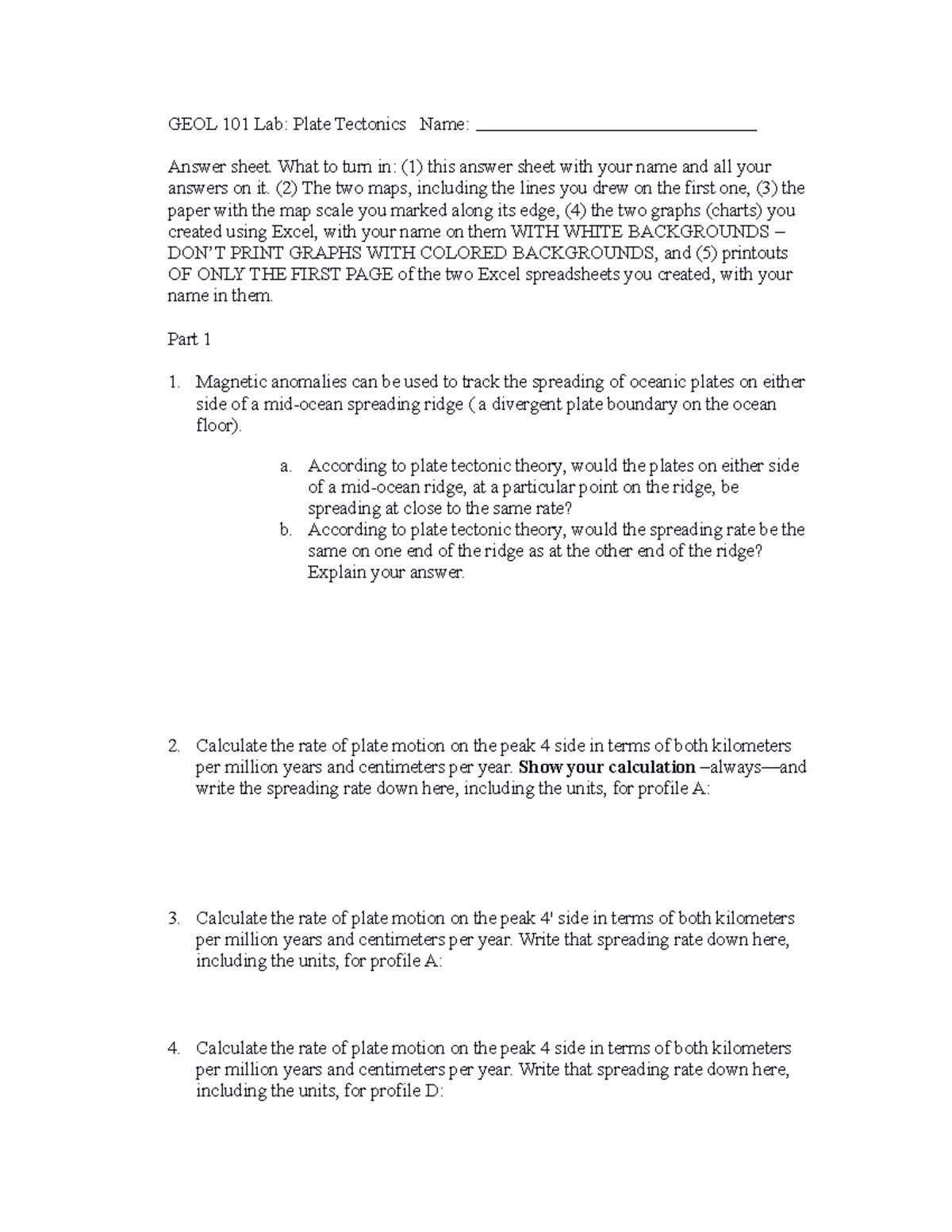 GEOL 101 Lab 2: Plate Tectonics Answer Sheet & Calculations - Studocu