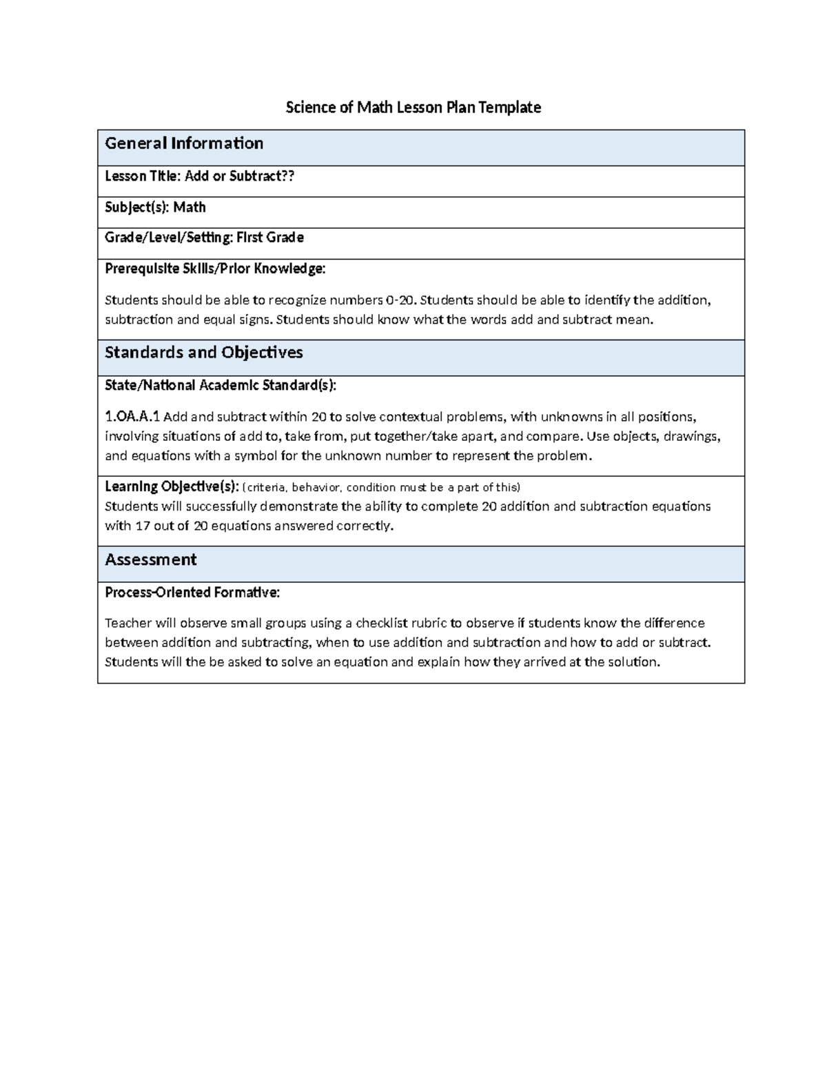 Math Lesson Plan Template: Add or Subtract? (1st Grade) - Studocu