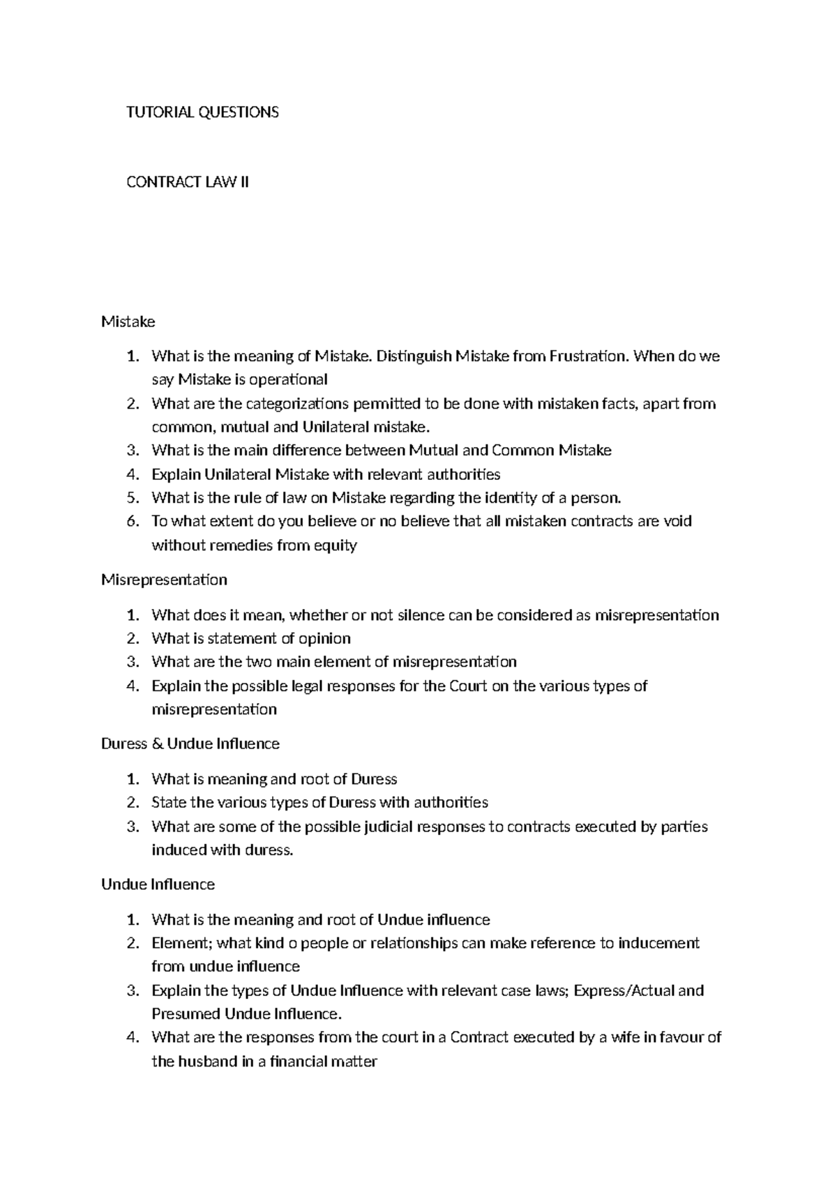 Tutorial Questions FOR Contract II - TUTORIAL QUESTIONS CONTRACT LAW II ...