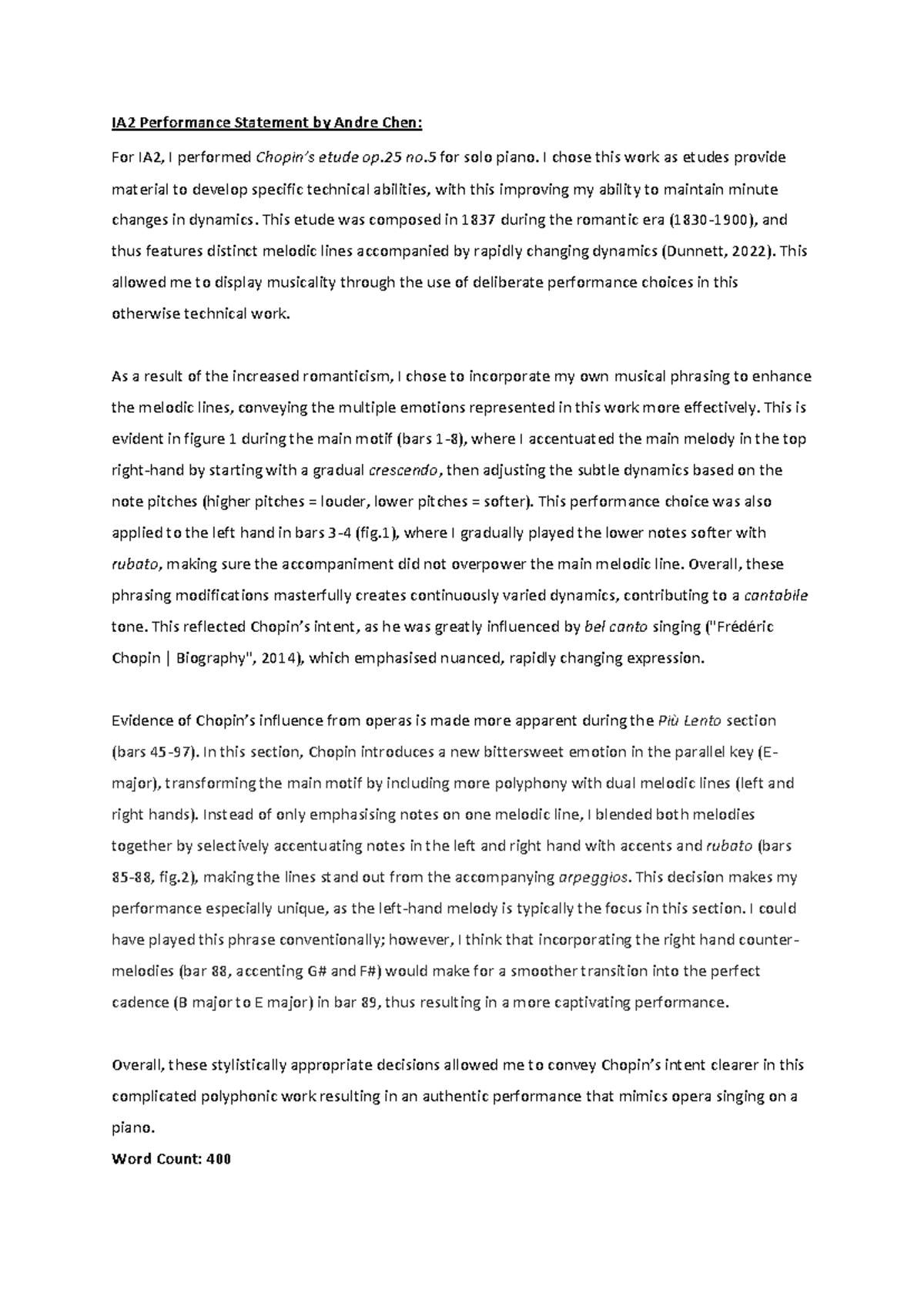 Music Extension QCAA IA2 Performance Reflection: Chopin's Etude Op. 25 ...