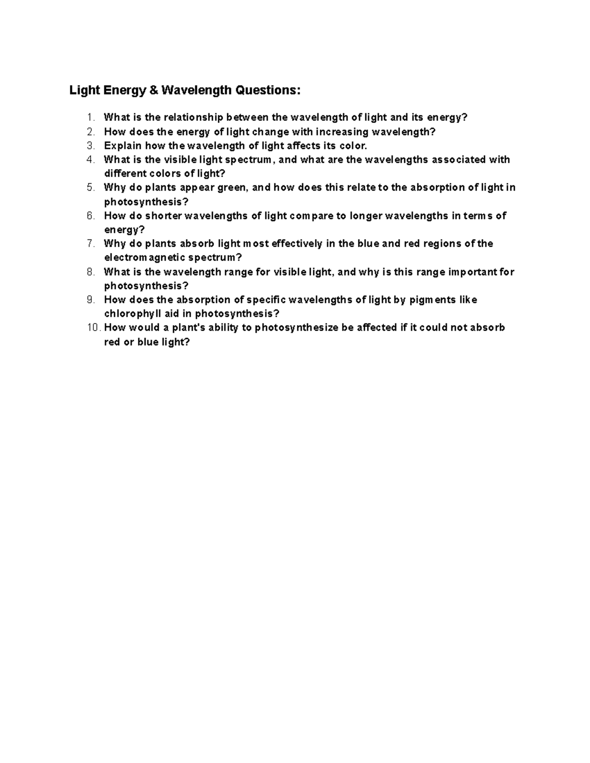 Light Energy & Wavelength Questions - Google Docs - Light Energy ...