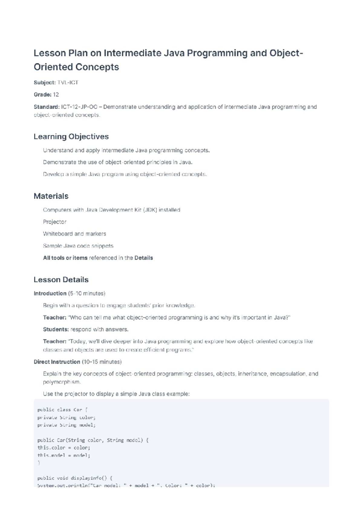 Lesson Plan on Intermediate Java Programming - TVL-ICT Grade 12 - Studocu
