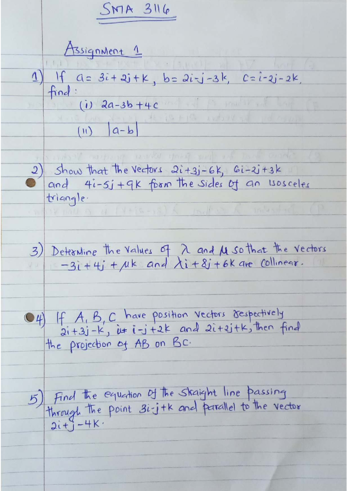 SMA 3116 Assignment 1: Vectors, Isosceles Triangle & Projections - Studocu