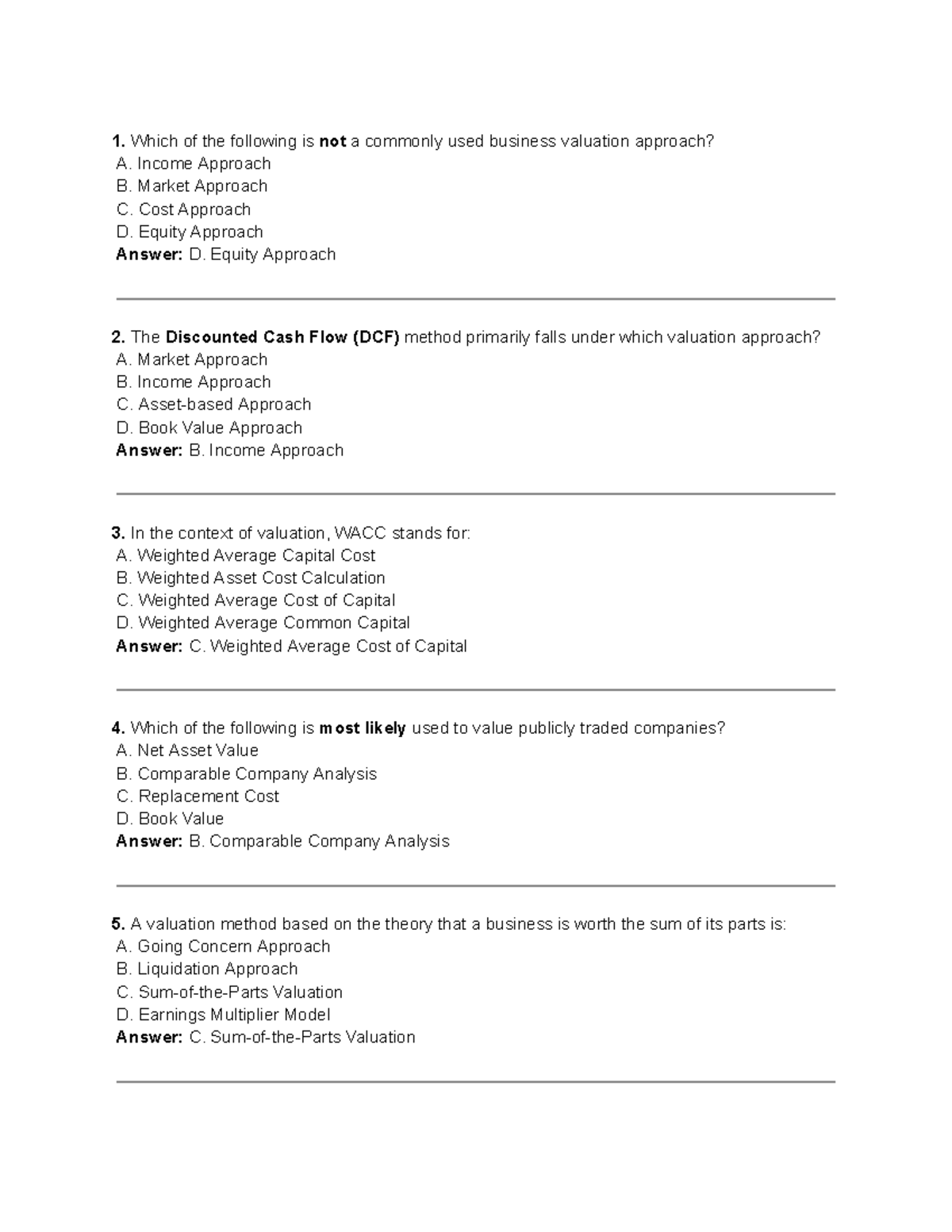VCM Test Bank - Business Valuation Methods & Answers - Studocu