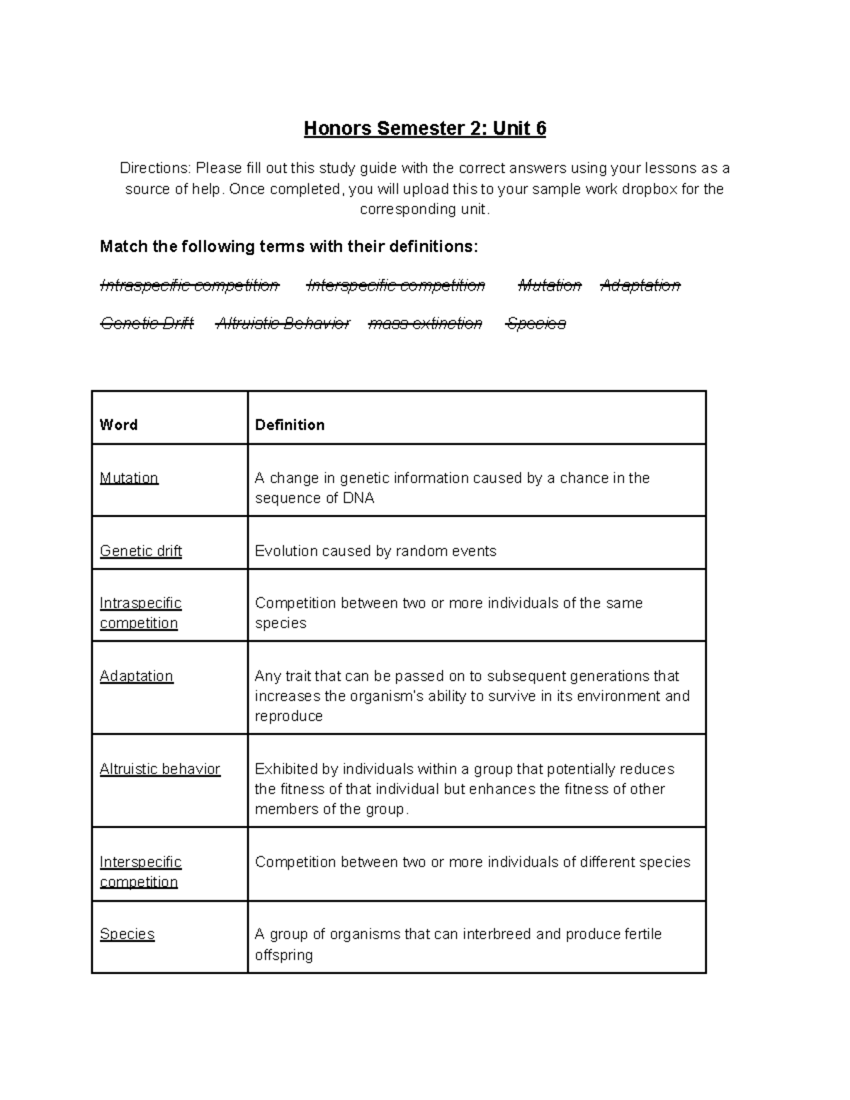 Honors Biology Unit 6 Study Guide: Evolution and Adaptation Concepts ...