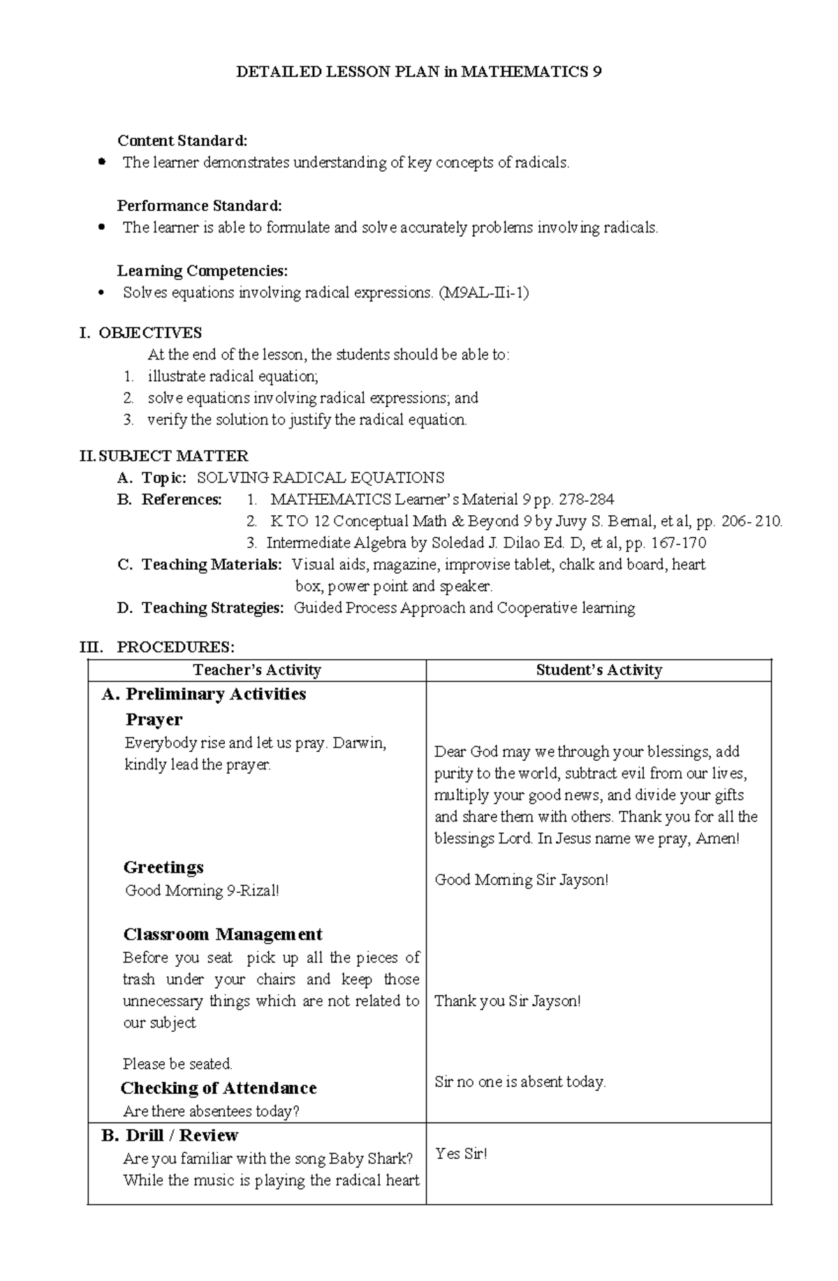 HS Lesson PLAN - DETAILED LESSON PLAN in MATHEMATICS 9 Content Standard ...