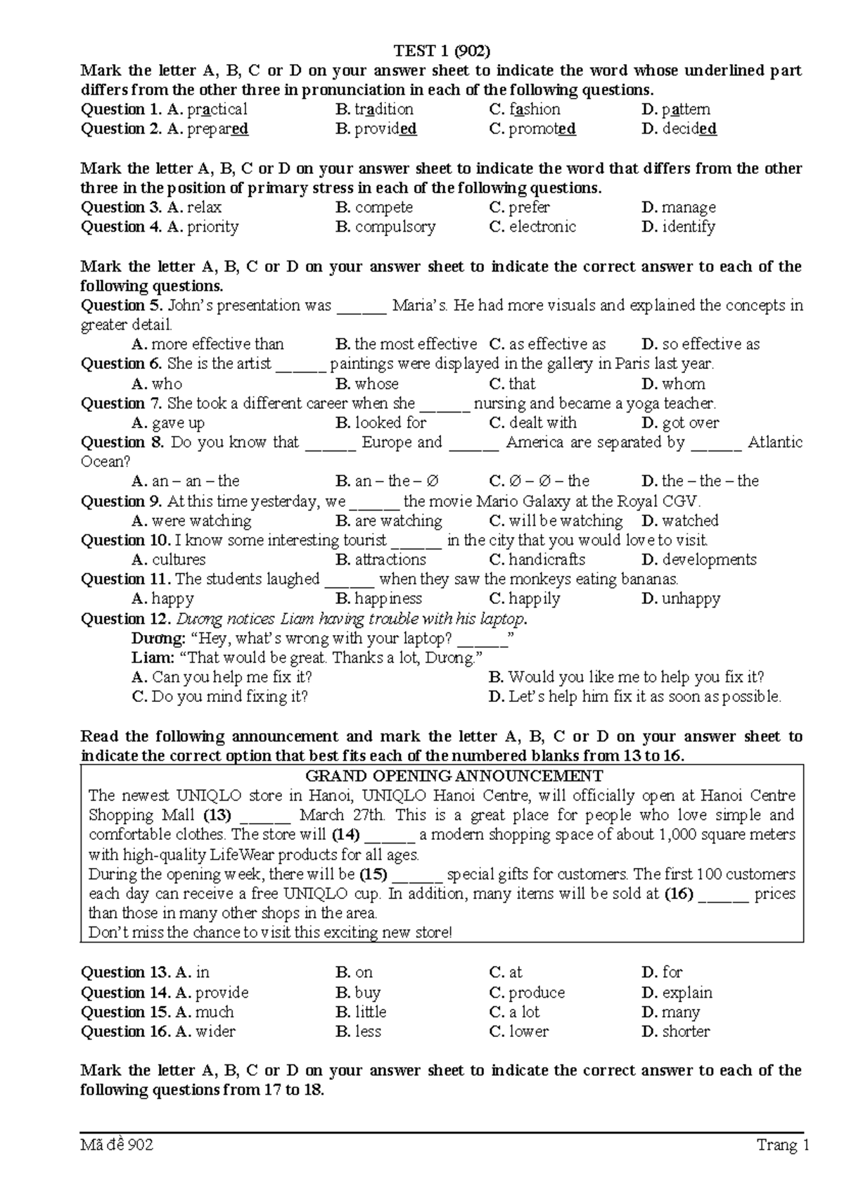 TEST 1 (902) Pronunciation and Stress Differentiation Questions - Studocu