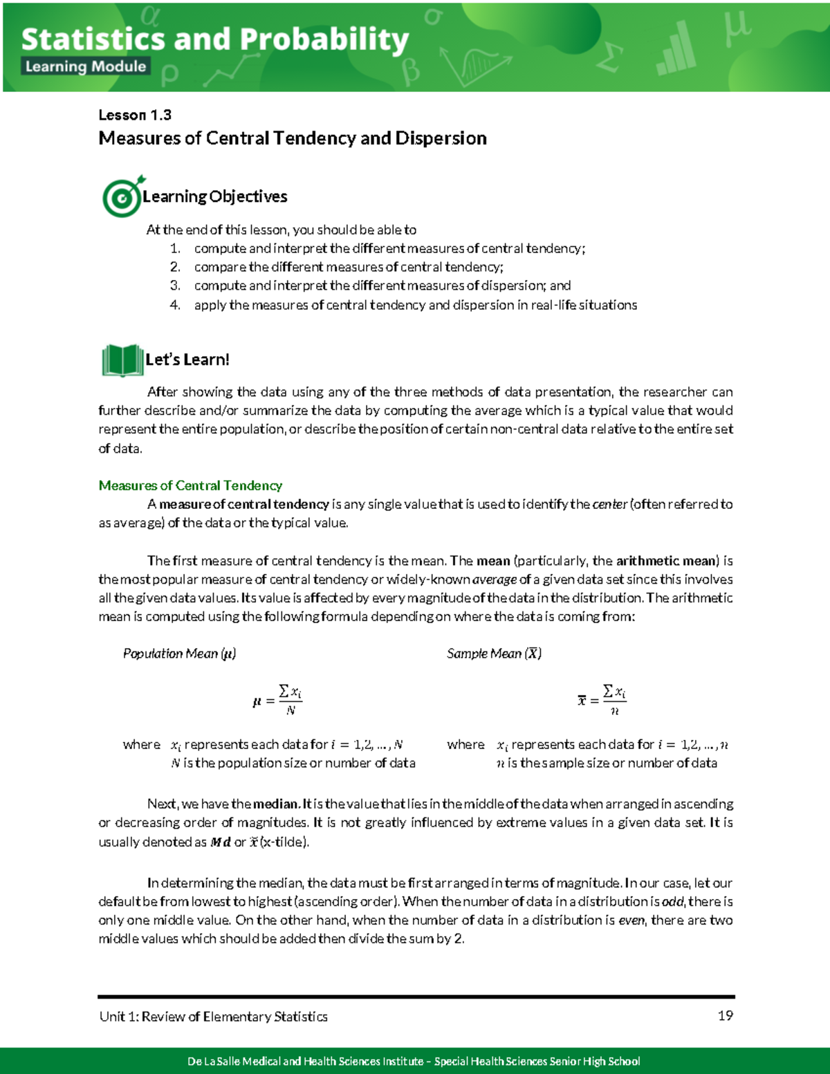 Unit 1: Review of Elementary Statistics - Measures of Central Tendency ...