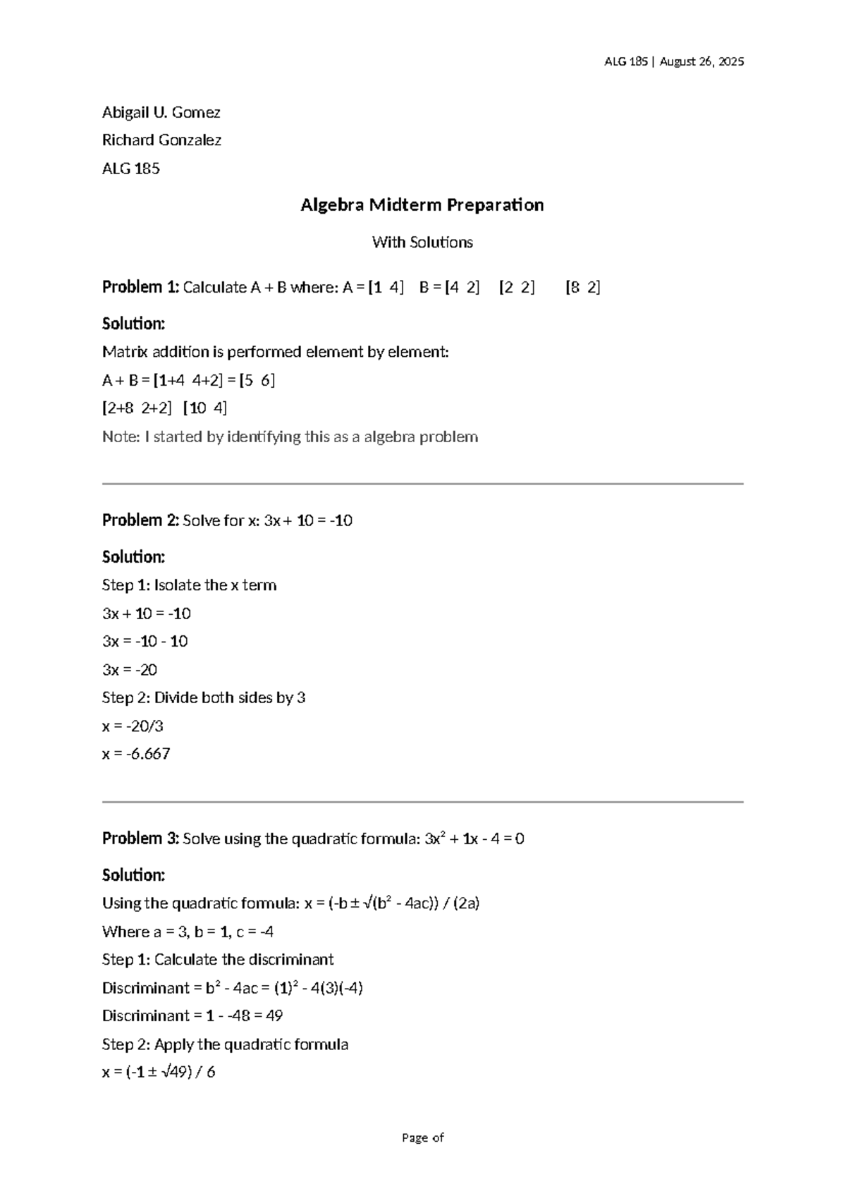 ALG 185 Algebra Midterm Prep: Solutions & Problem Breakdown - Studocu