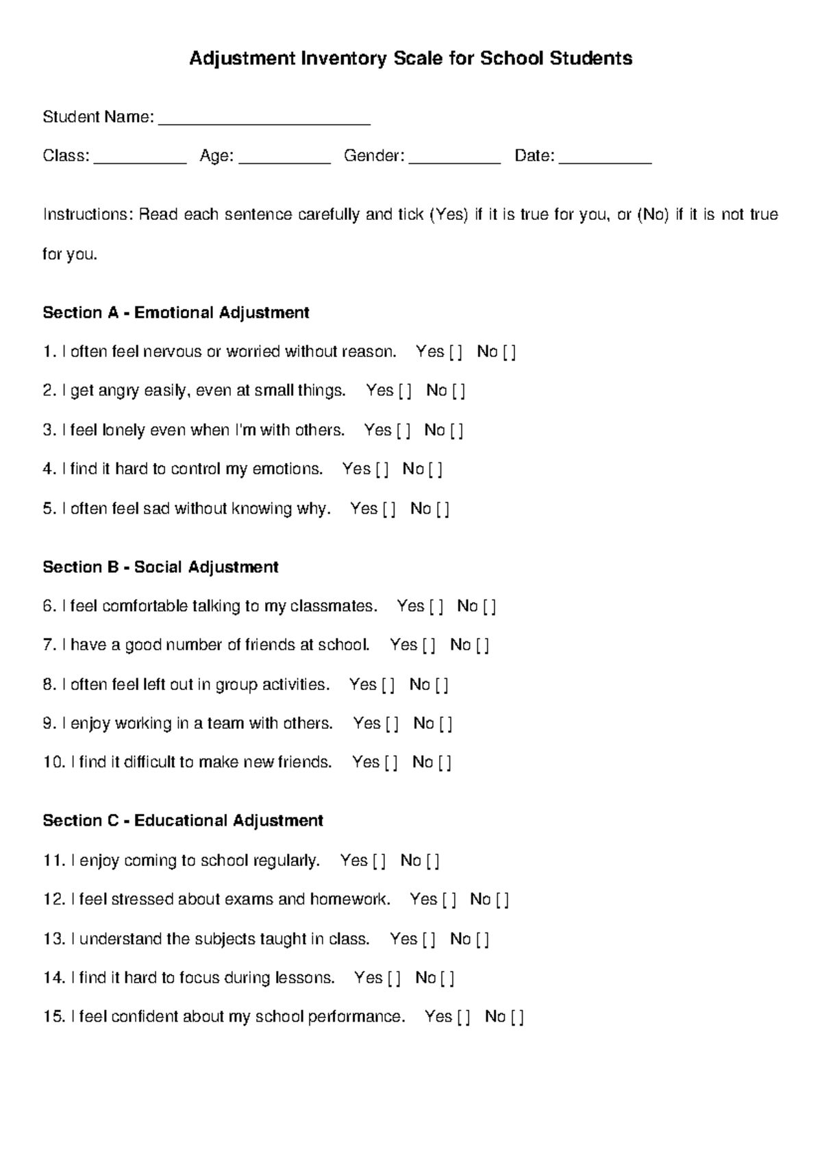 Adjustment Inventory Scale for School Students: Emotional, Social, and ...