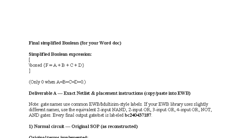 CS302 Final Exam: Simplified Boolean Expressions and Circuit Design ...